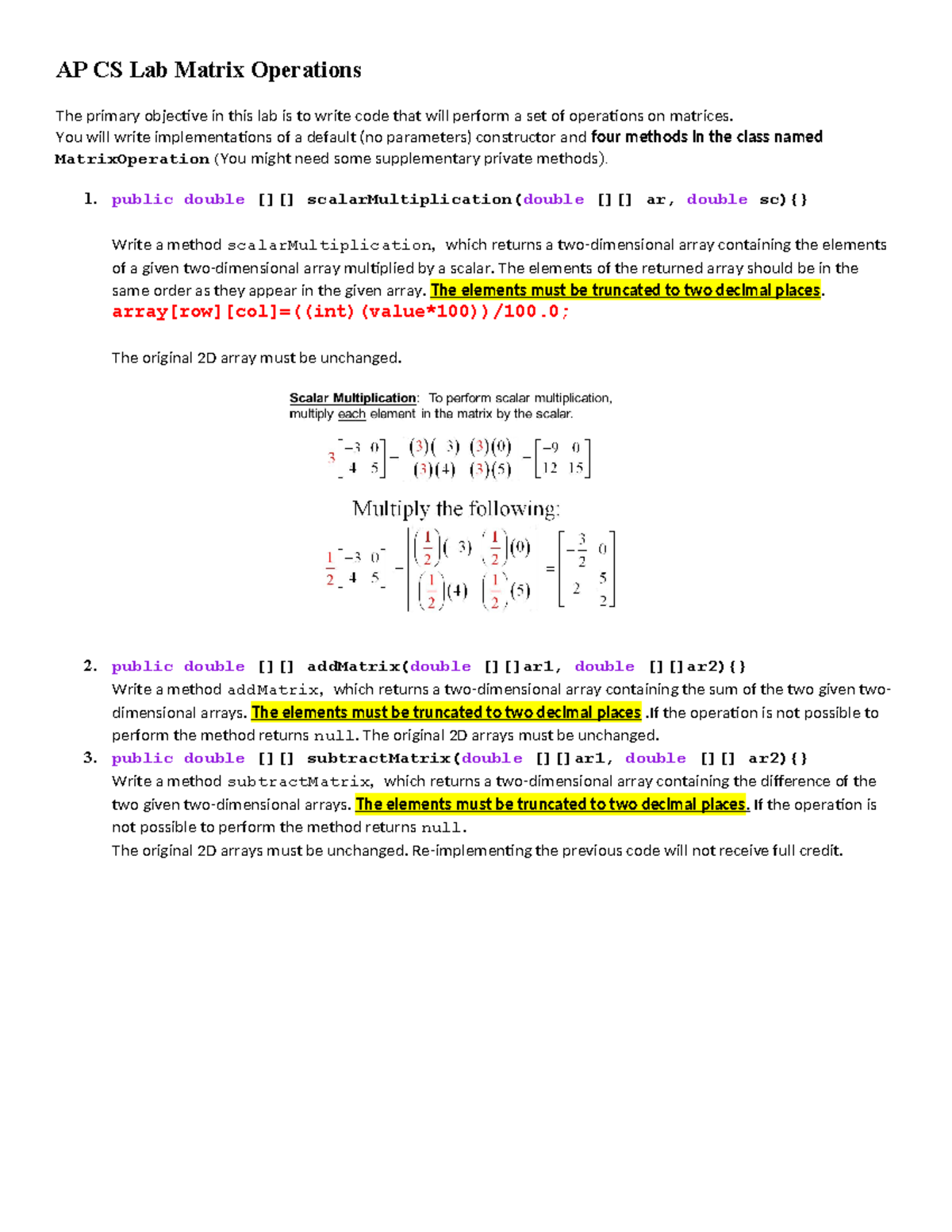 Matrix Multiplication Lab - 2018 RR - AP CS Lab Matrix Operations The ...