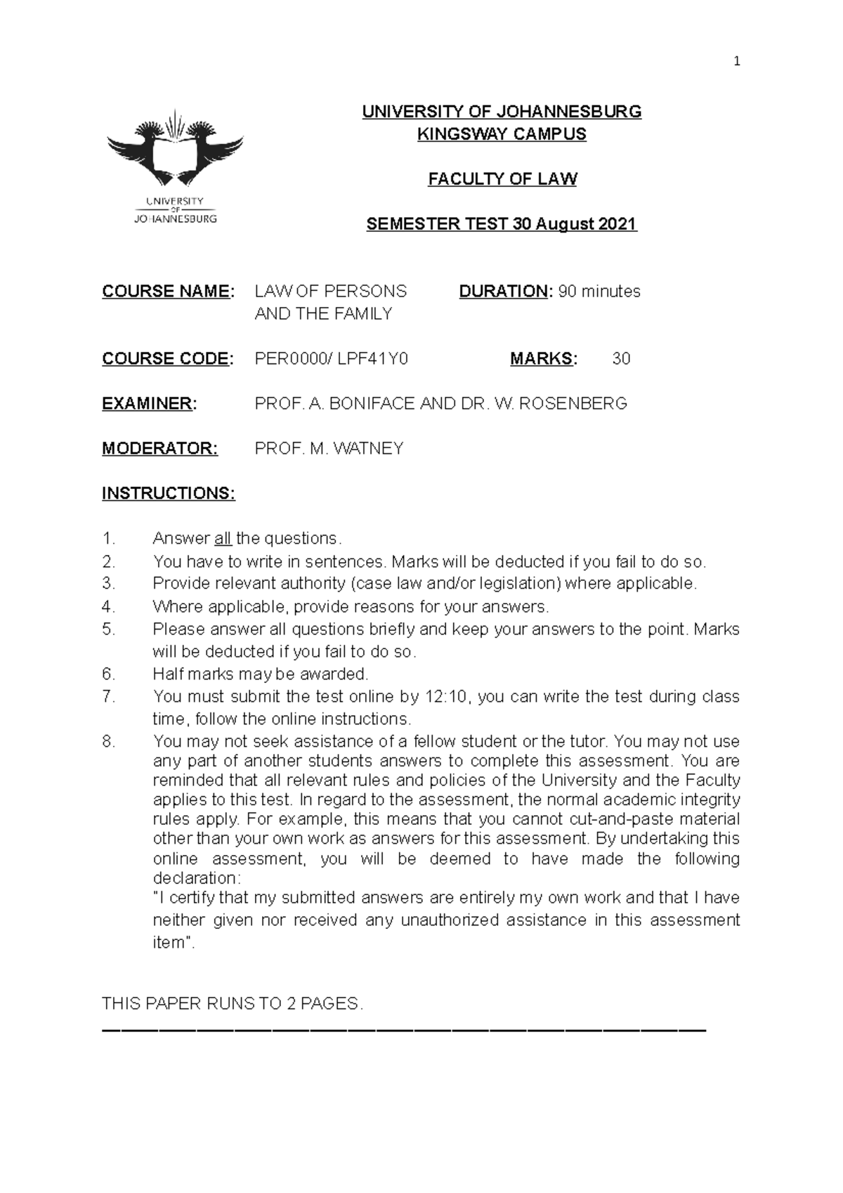 Semester test Family Law August 2021 - 1 UNIVERSITY OF JOHANNESBURG ...