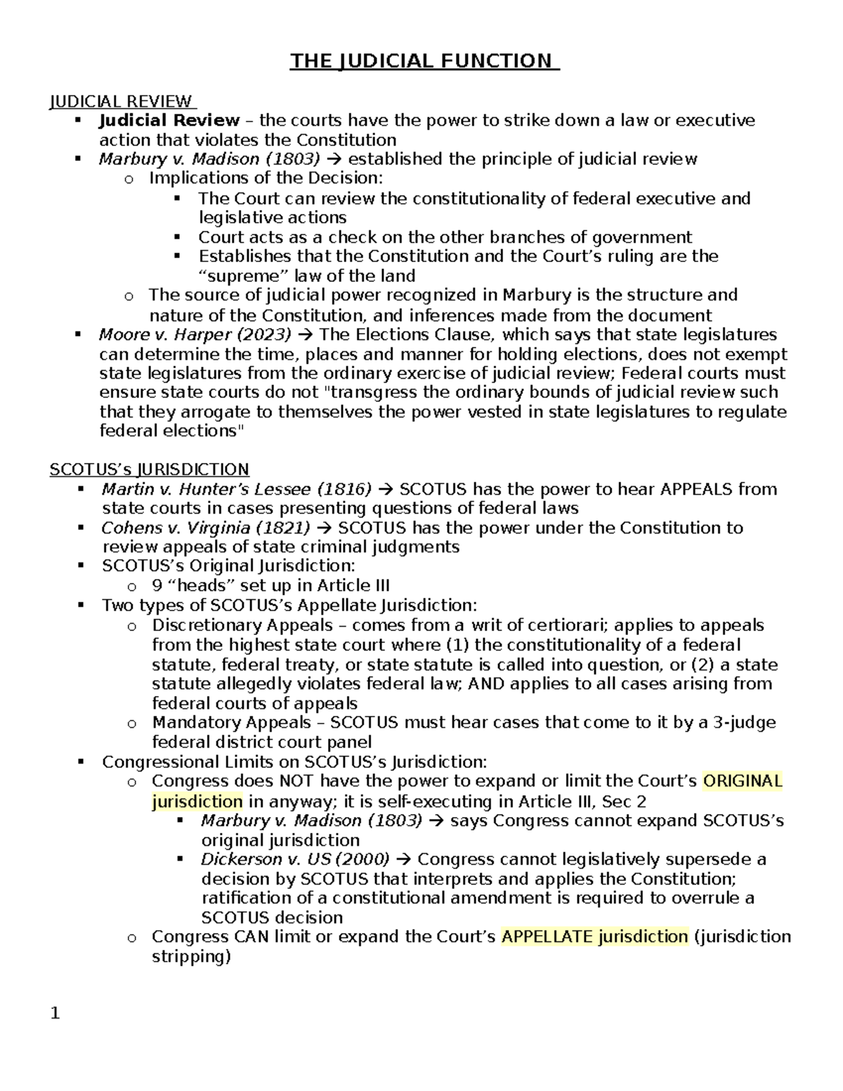 Condensed Con Law Outline - THE JUDICIAL FUNCTION JUDICIAL REVIEW ...