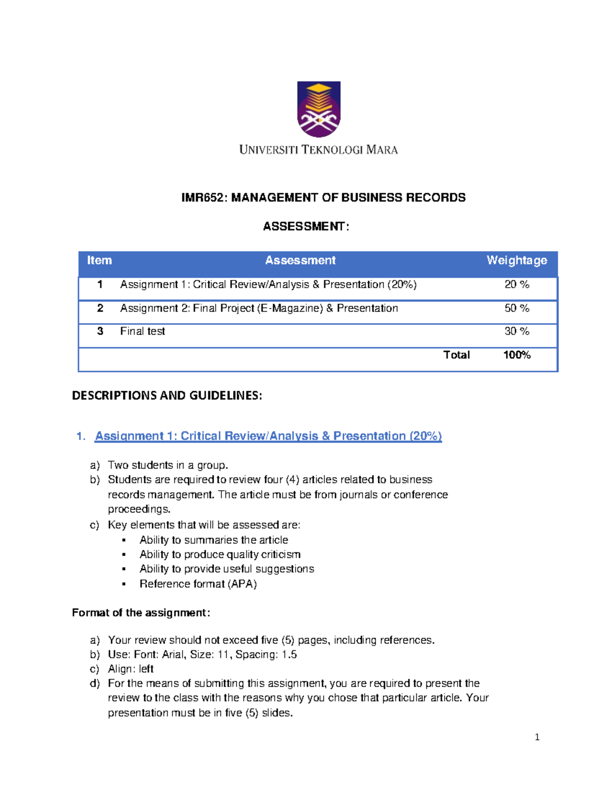 IMR652 Assessment - nice - 1 IMR652: MANAGEMENT OF BUSINESS RECORDS ...