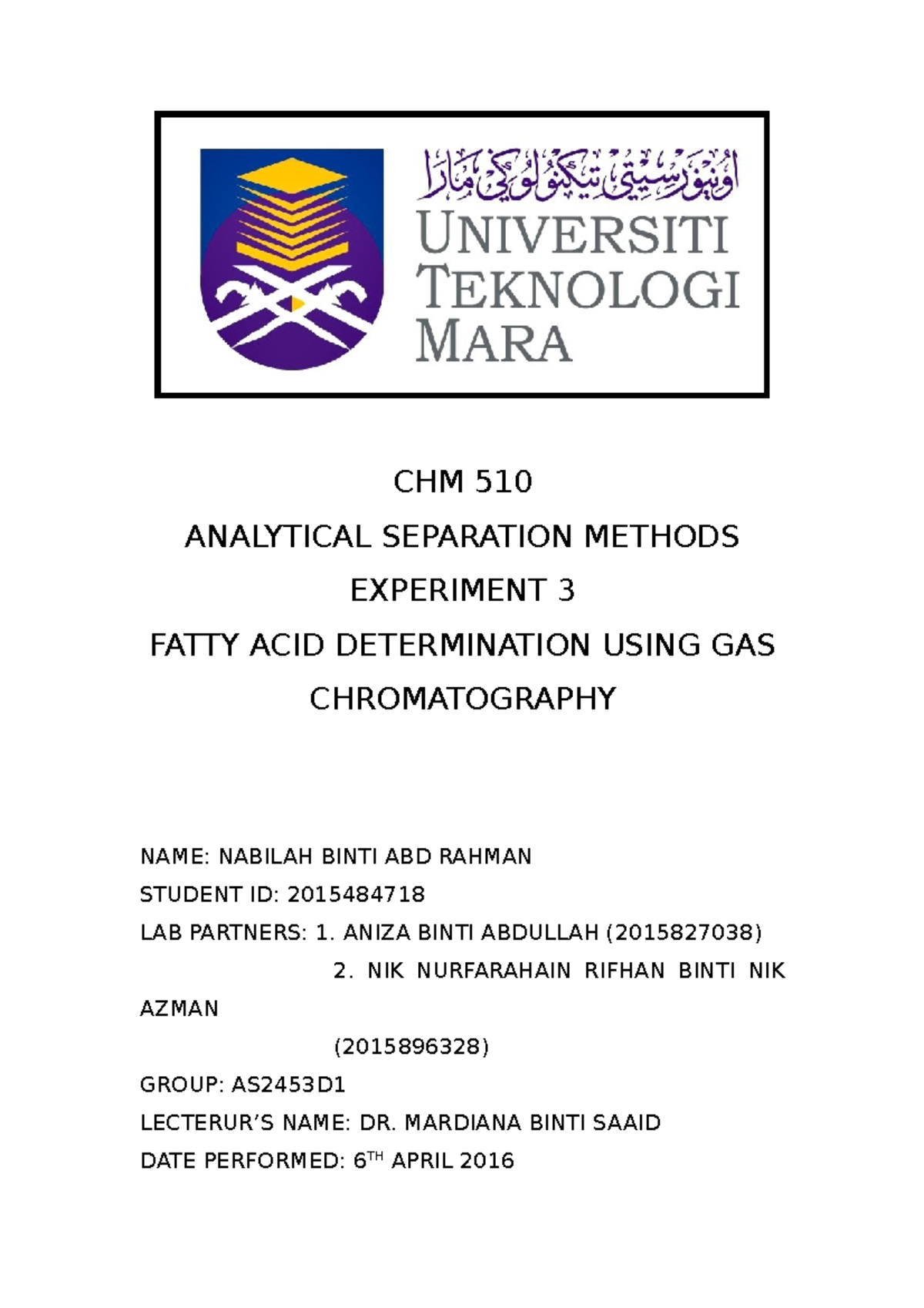 CHM 510 Experiment 3 - CHM 510 ANALYTICAL SEPARATION METHODS EXPERIMENT ...