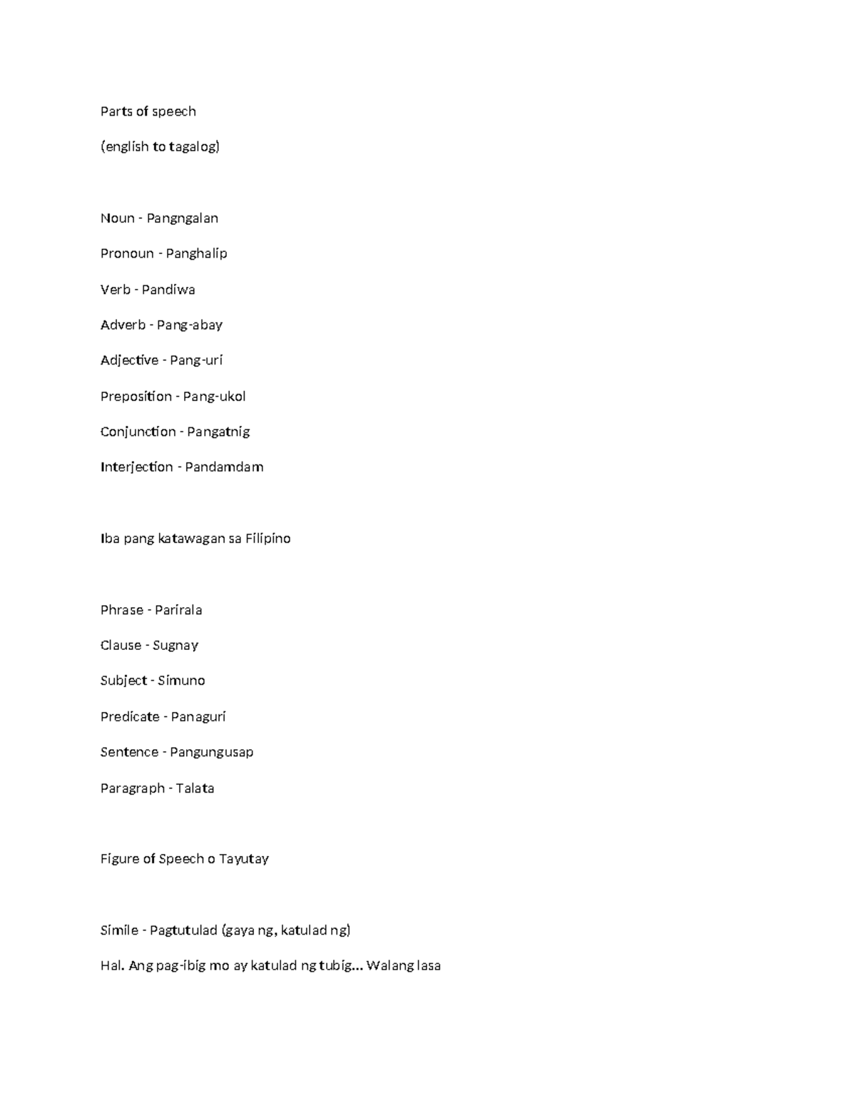 Parts of speech-WPS Office - Parts of speech (english to tagalog) Noun ...