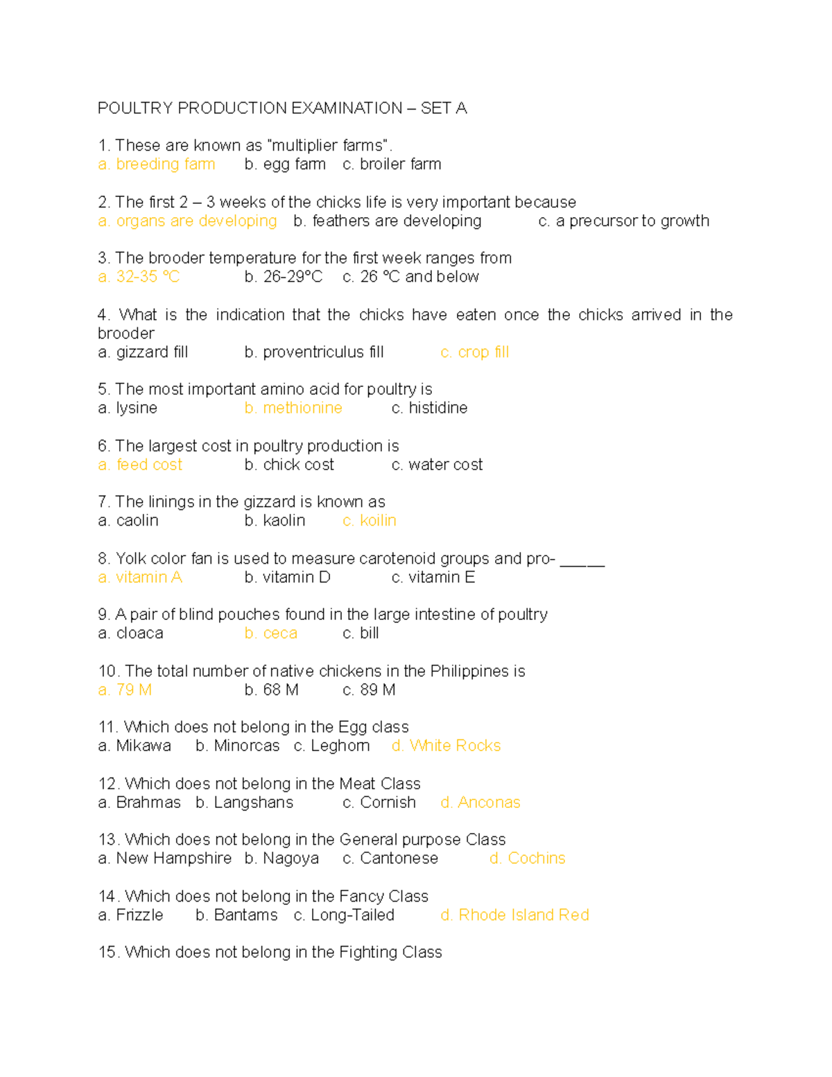 10.answer key highlighted - POULTRY PRODUCTION EXAMINATION – SET A ...