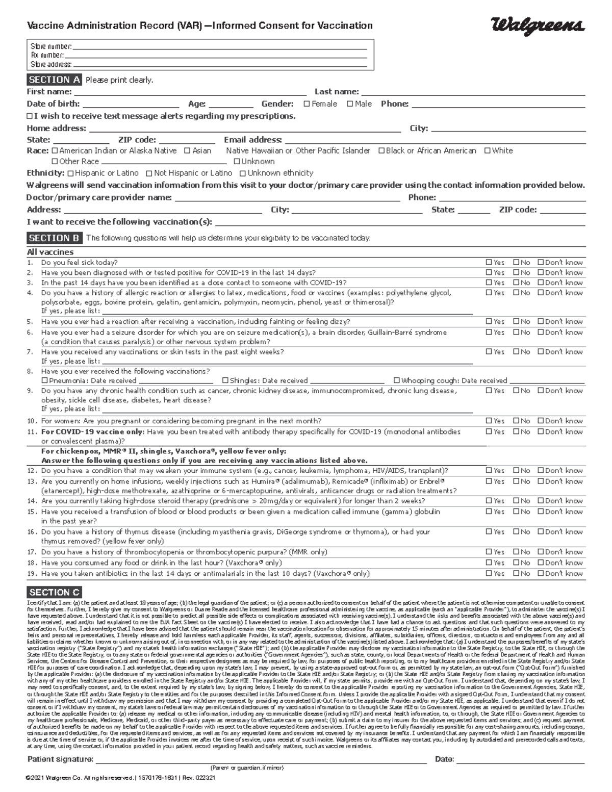 Walgreens - 123 - Vaccine Administration Record (VAR)—Informed Consent ...