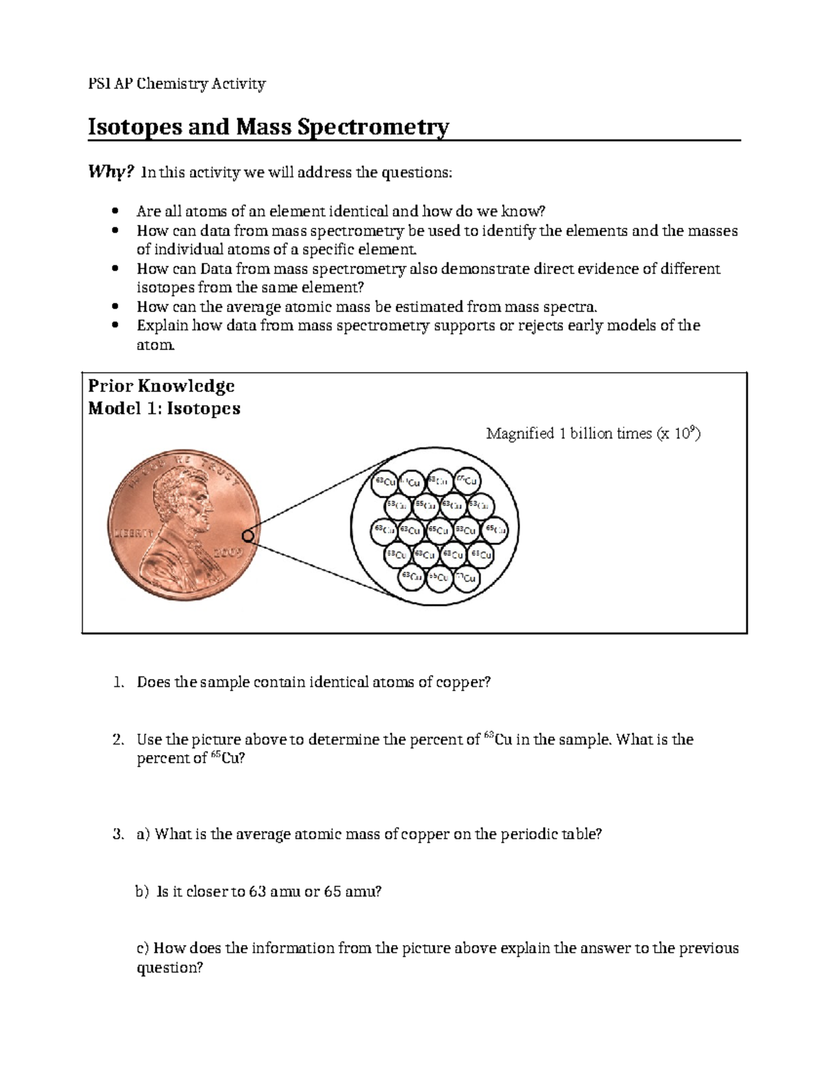 AP chem Isotopes and Mass Spectrometry A - PSI AP Chemistry Activity ...