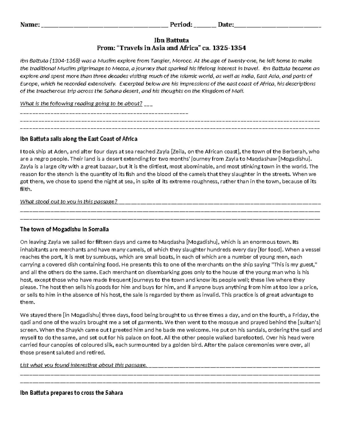Primary Source Document Reading Ibn Battuta Gold Salt Trade-1 ...