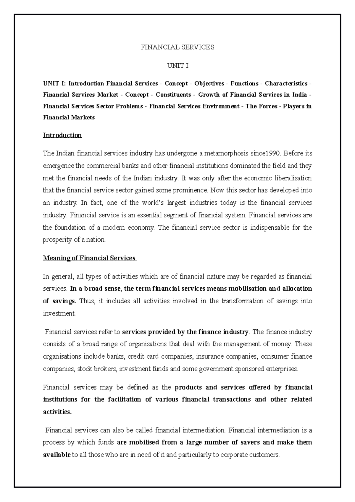 UNIT I Finacial Services Management - FINANCIAL SERVICES UNIT I UNIT I ...