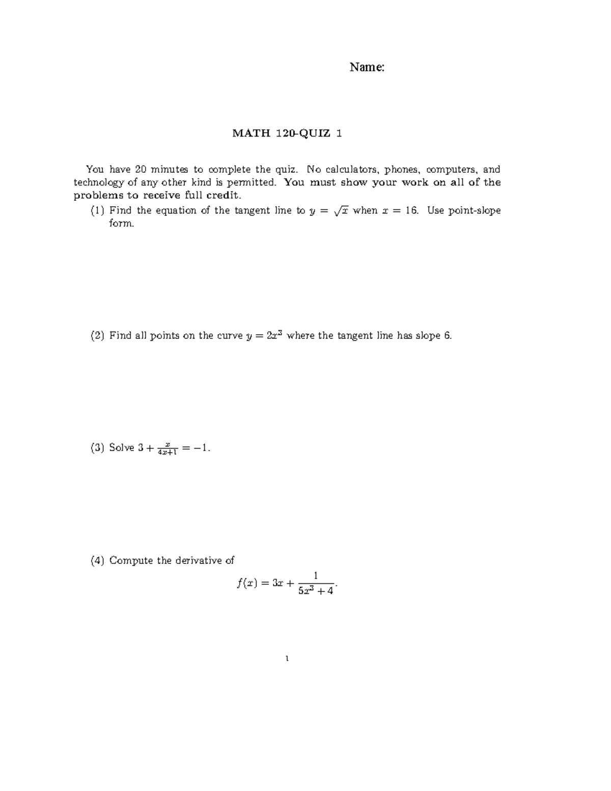 120F23Quiz1v1 - This is for practicing derivatives - MAT 110 - MATH 120 ...