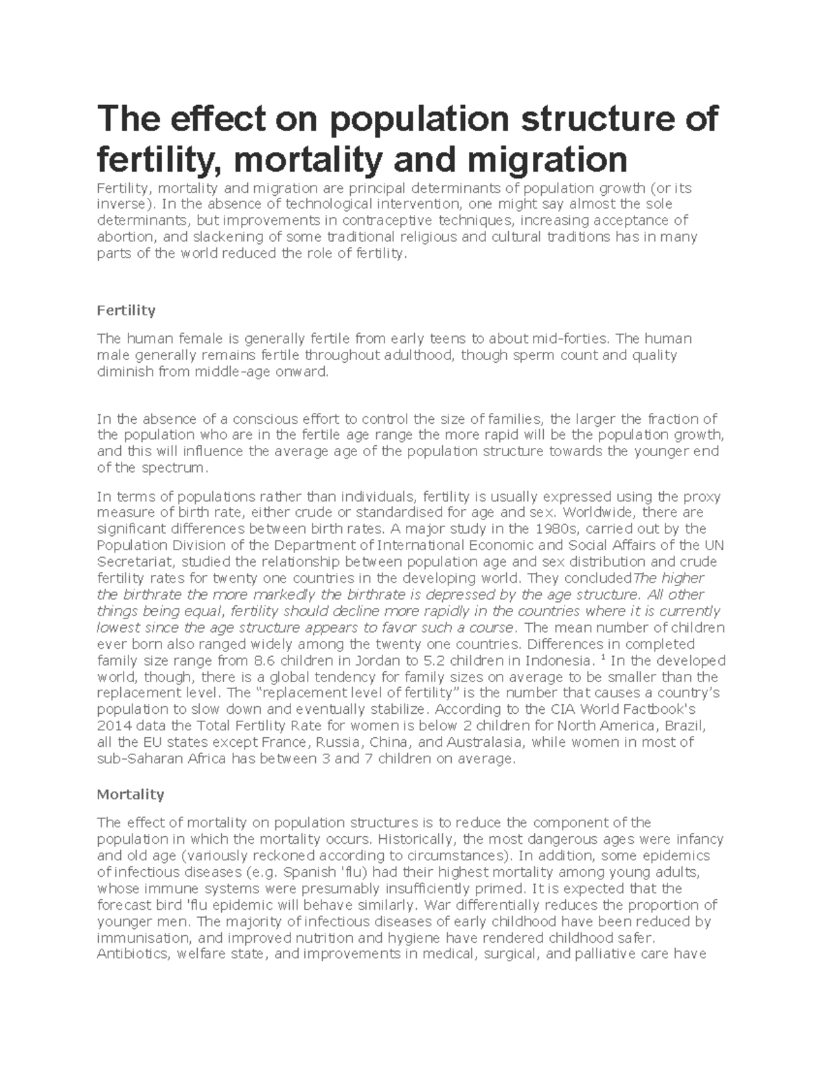 The effect on population structure of fertility - The effect on ...