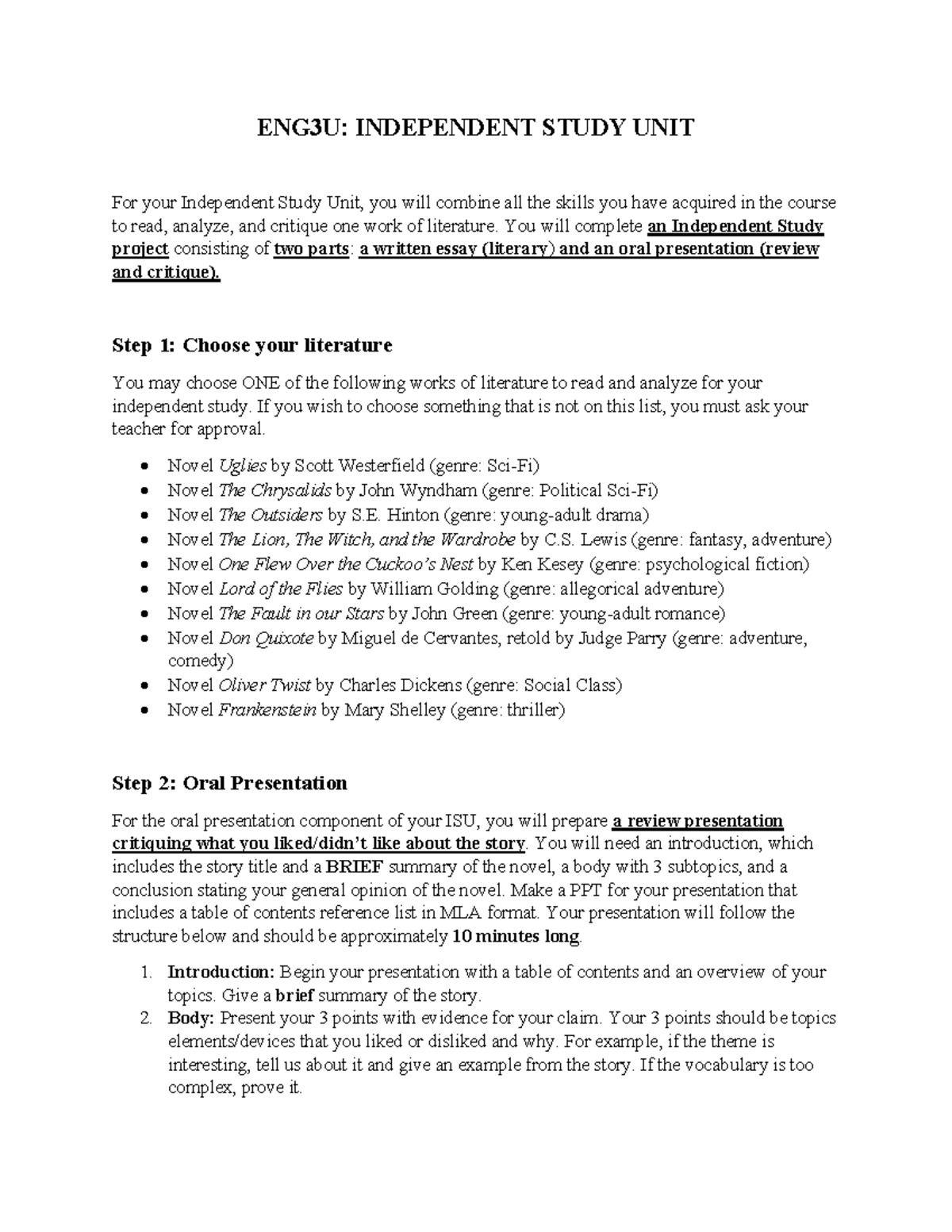 ENG3U ISU+23-24+S4 - ENG3U: INDEPENDENT STUDY UNIT For your Independent ...