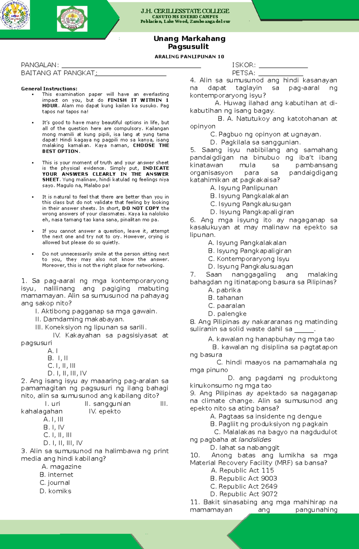 Ar Pan 10- 1st Quarter exam - Copy - PANGALAN ...