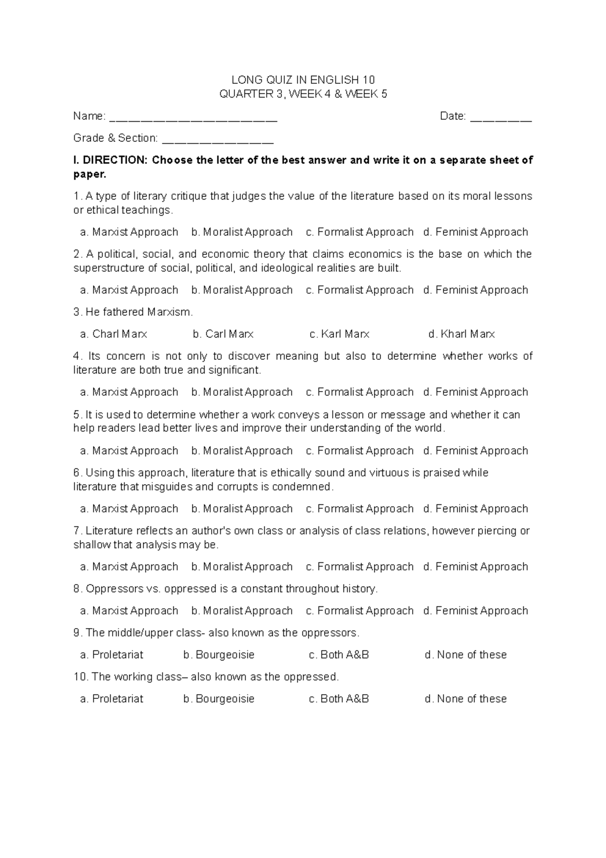 LONG QUIZ IN English 10 WEEK 5 Perseverance - LONG QUIZ IN ENGLISH 10 ...