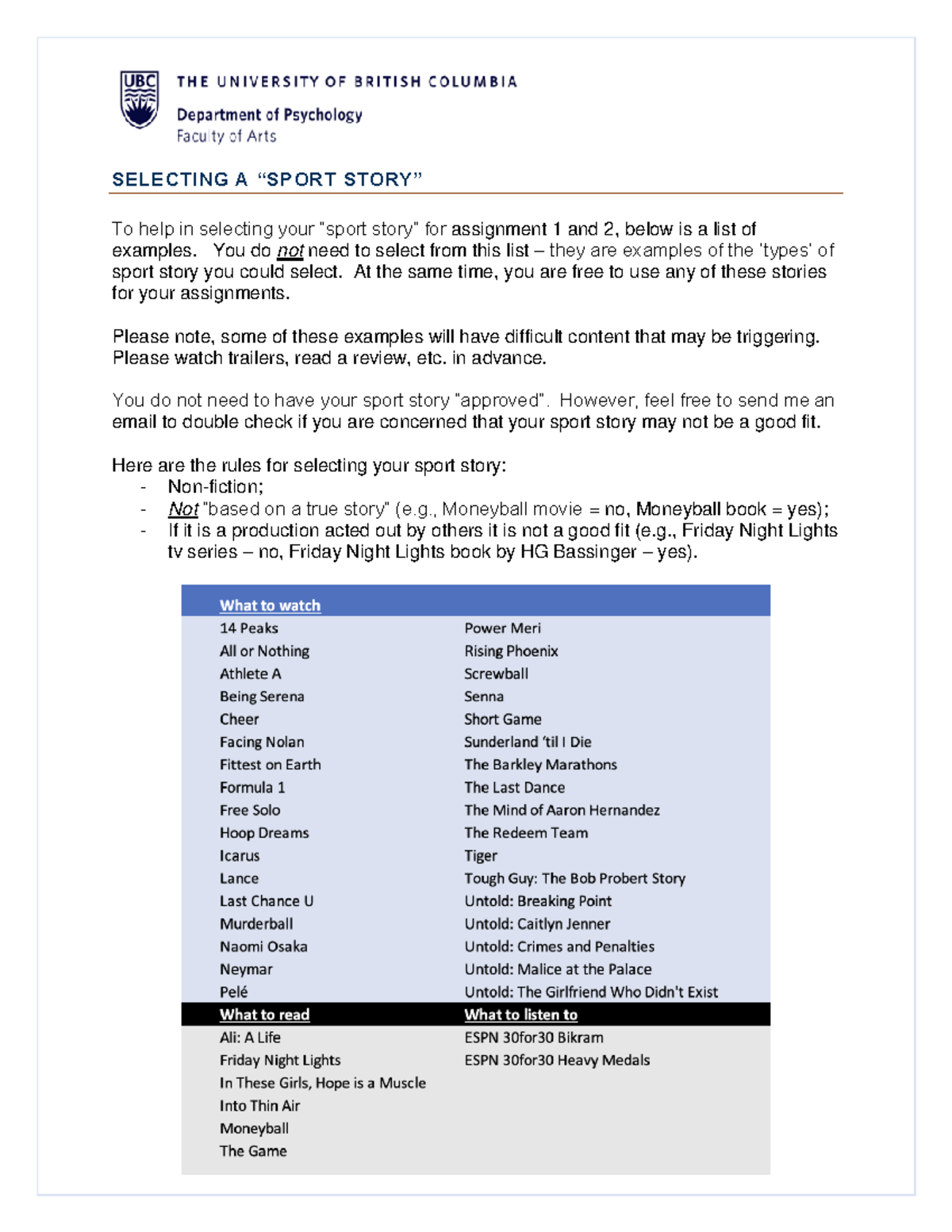 Selecting a Sport Story - SELECTING A “SPORT STORY” To help in ...