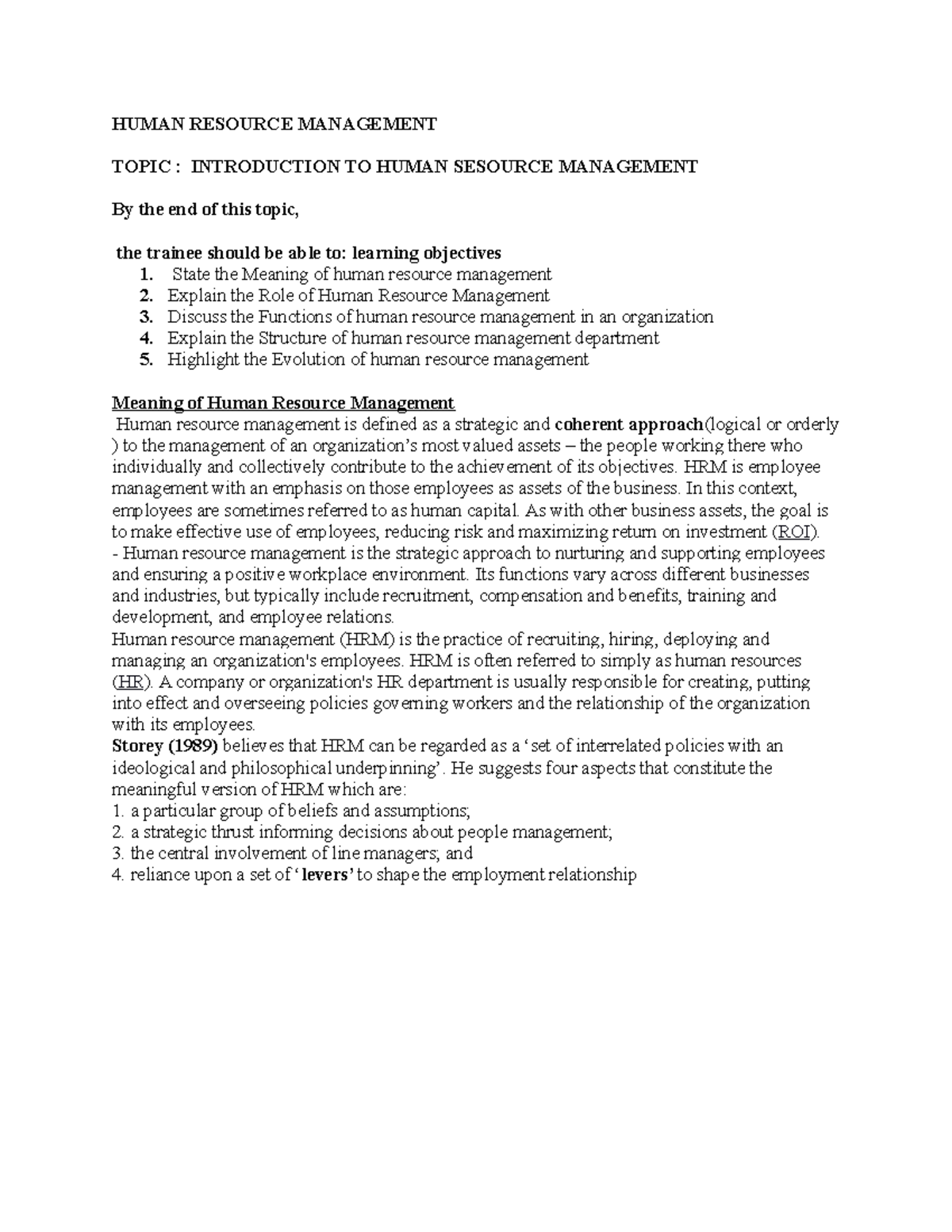 Intro TO HR Students COPY - HUMAN RESOURCE MANAGEMENT TOPIC ...