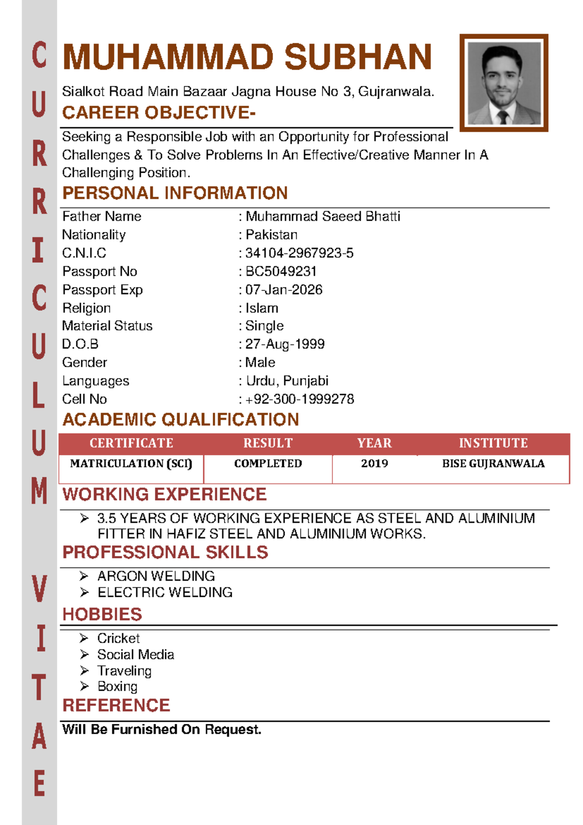 Muhammad Subhan CV - NIL - C U R R I C U L U M V I T A E MUHAMMAD SUBHAN Sialkot Road Main ...