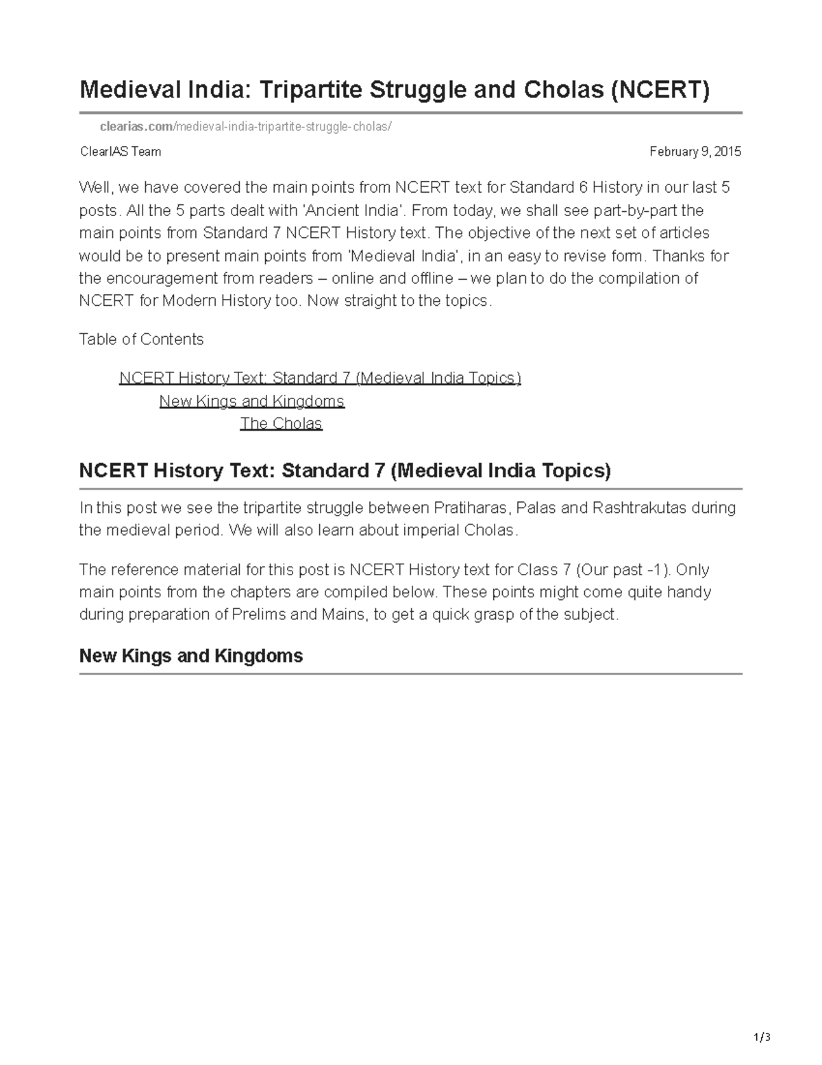 Medieval India Tripartite Struggle and Cholas Ncert - 1/ ClearIAS Team ...