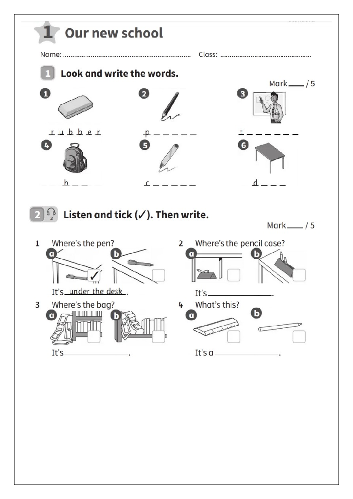Revision sheets - 1 Our new school Name: Class: 1 Look and write the ...