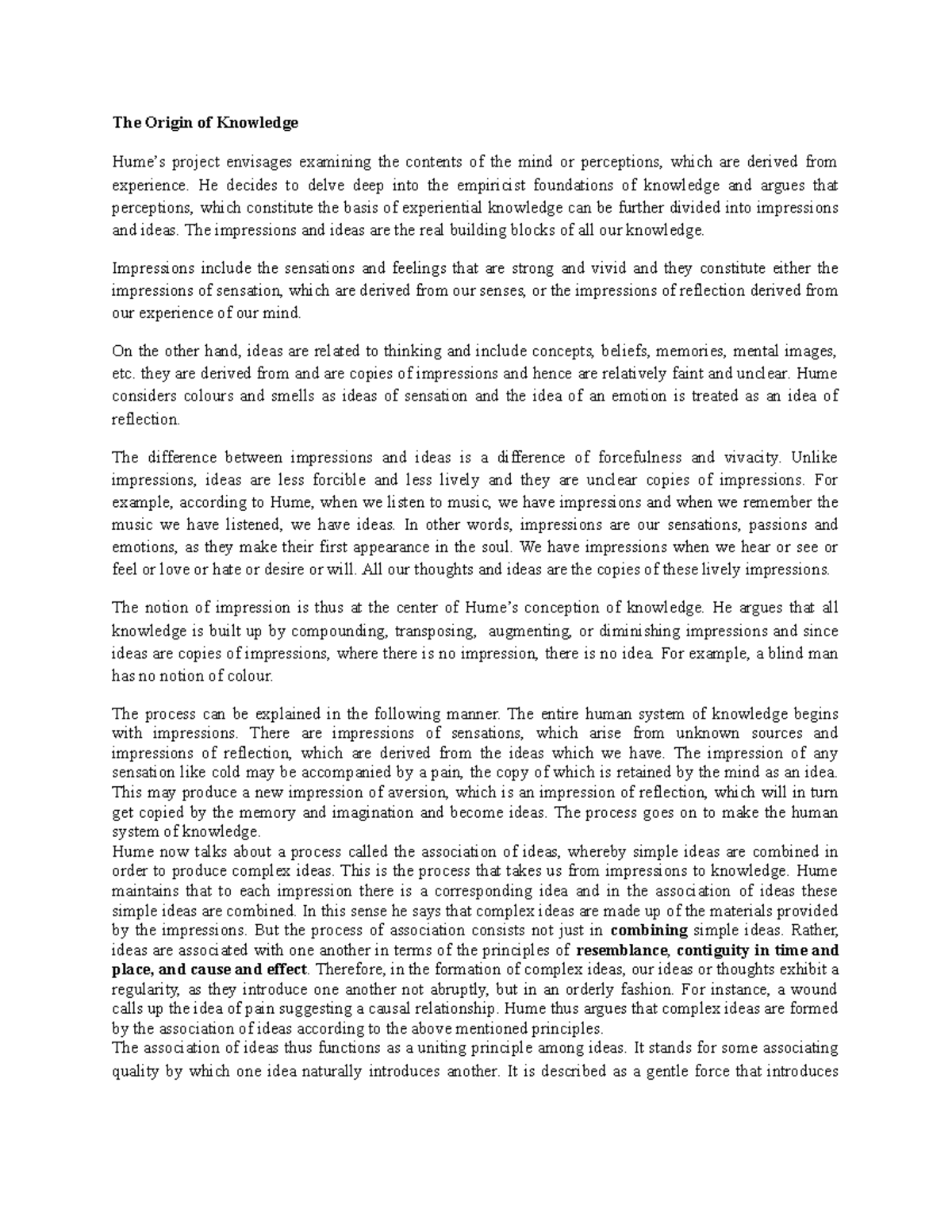 Hume- ideas and impressions, causation - The Origin of Knowledge Hume’s ...