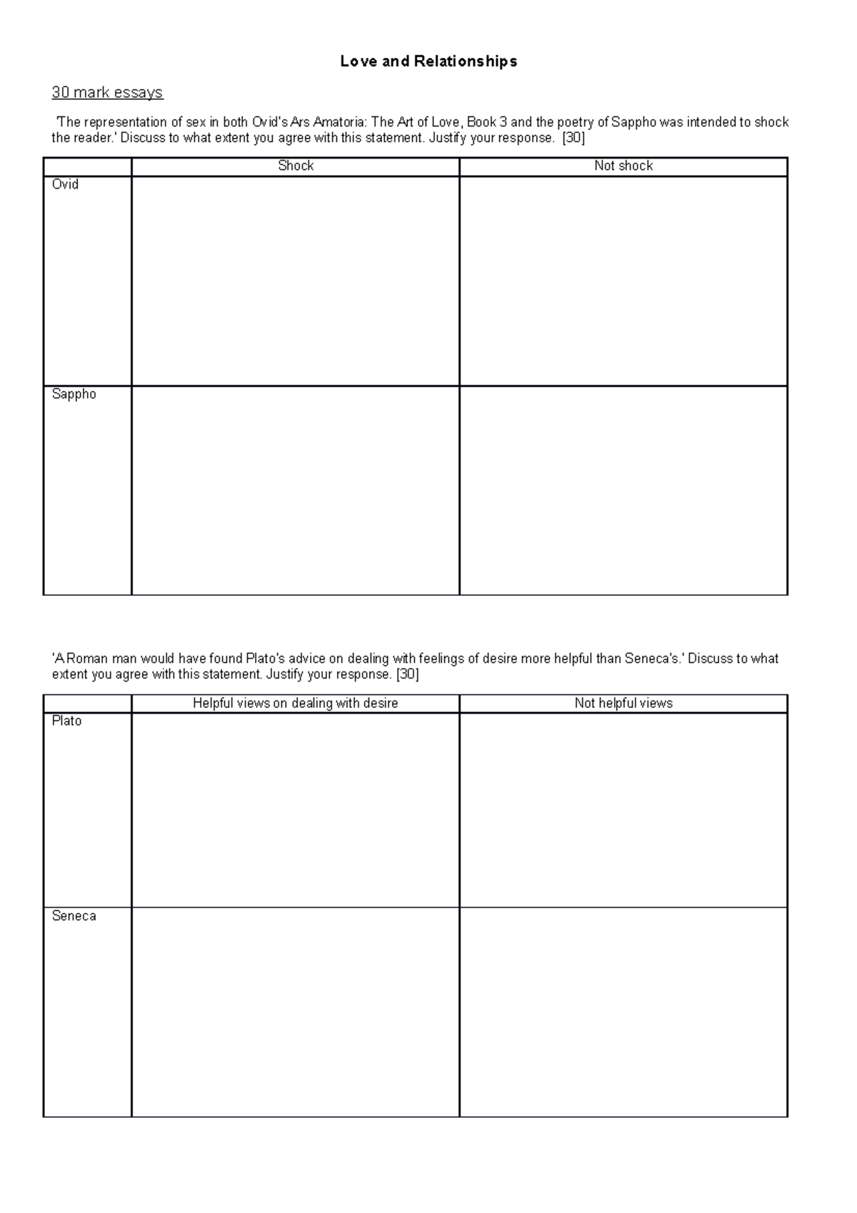 Essay Planning OCR Love and Relationships - Love and Relationships 30 ...