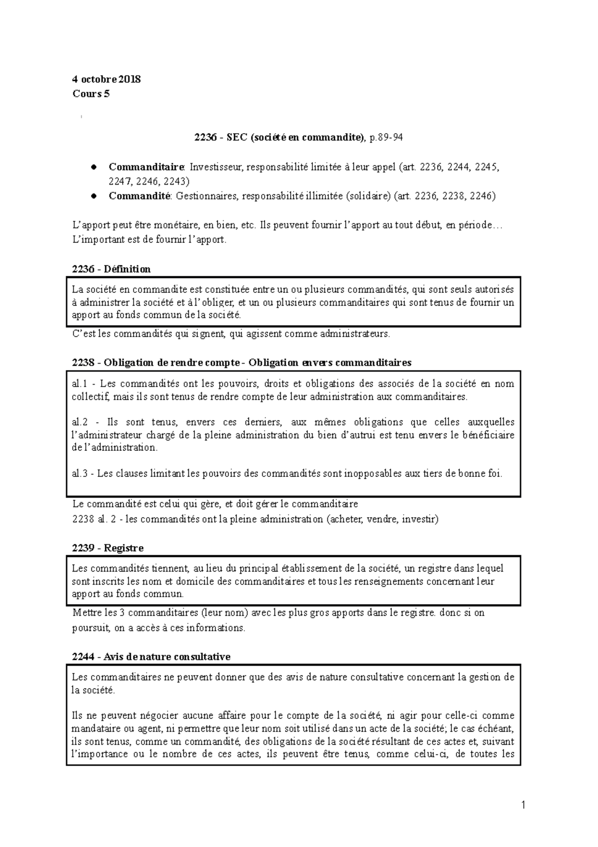 Cours 5 - 4 octobre 2018 Cours 5 2236 - SEC (société en commandite) , p ...