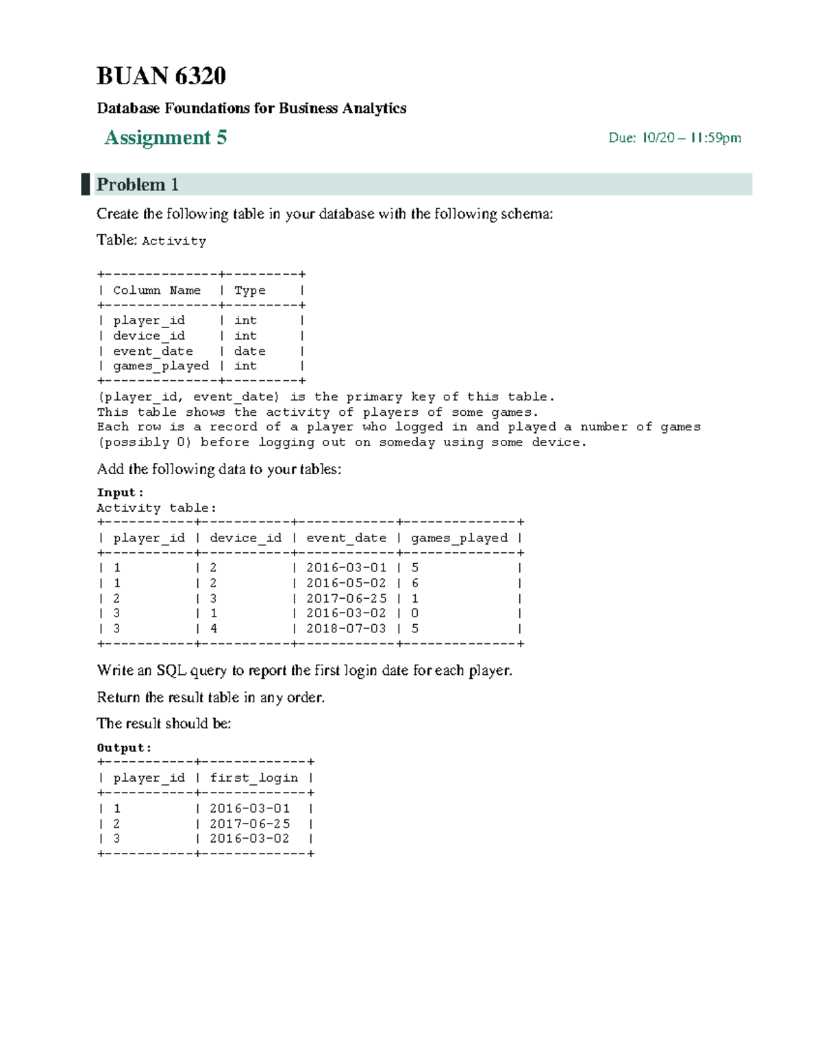 Assignment 5 - BUAN 6320 Database Foundations for Business Analytics Assignment 5 Due: 10/20 ...