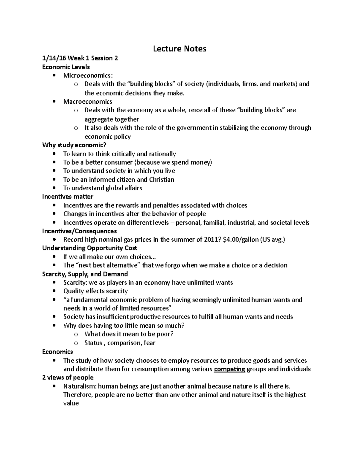 Week 1 notes - Lecture Notes 1/14/16 Week 1 Session 2 Economic Levels ...
