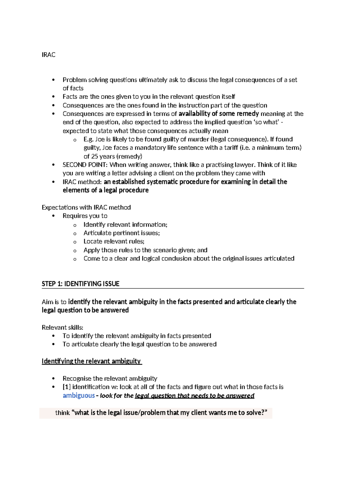 IRAC guide - IRAC Problem solving questions ultimately ask to discuss the legal consequences of ...