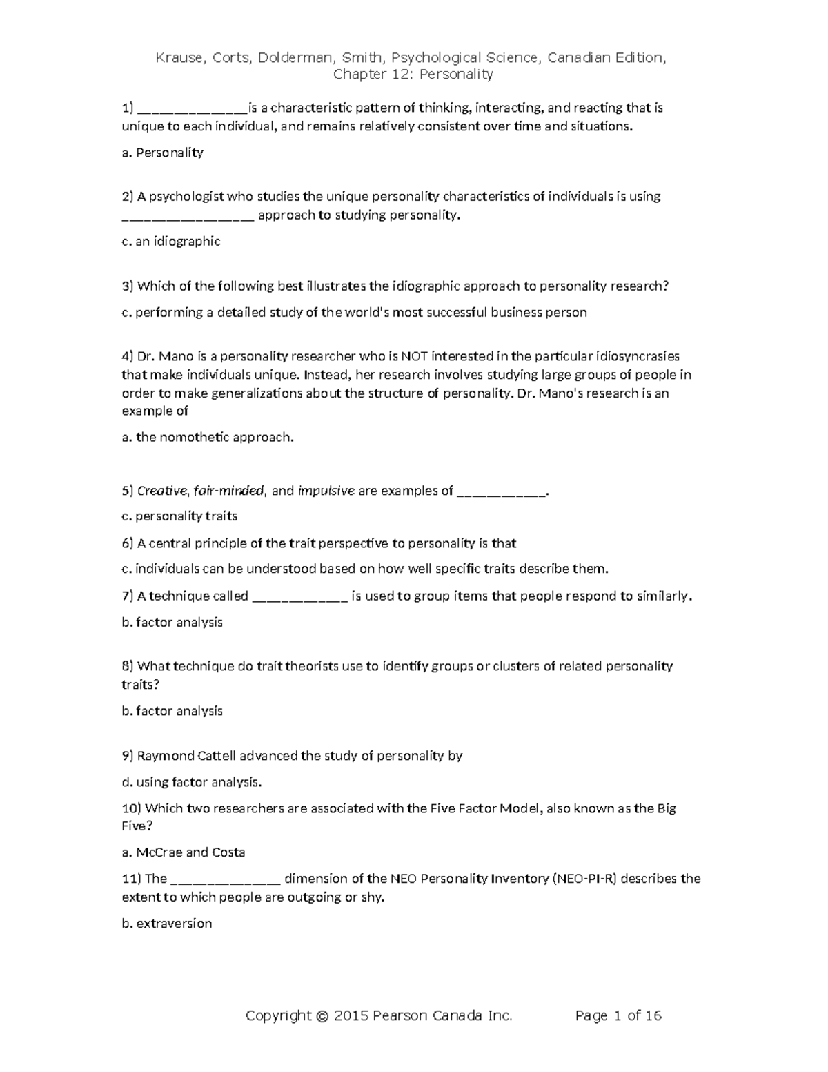 Chapter 12 unedited - Chapter 12: Personality 1) _______________is a ...