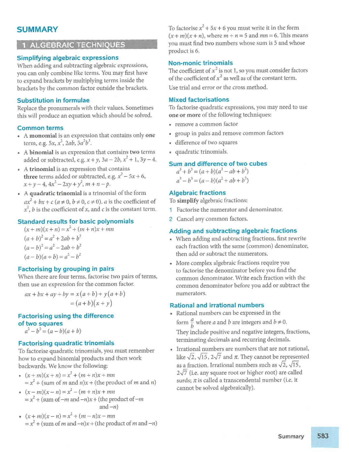 (g) Summary + Answers + Glossary - SUMMARY 1 ALGEBRAIC TECHNIQUES ...