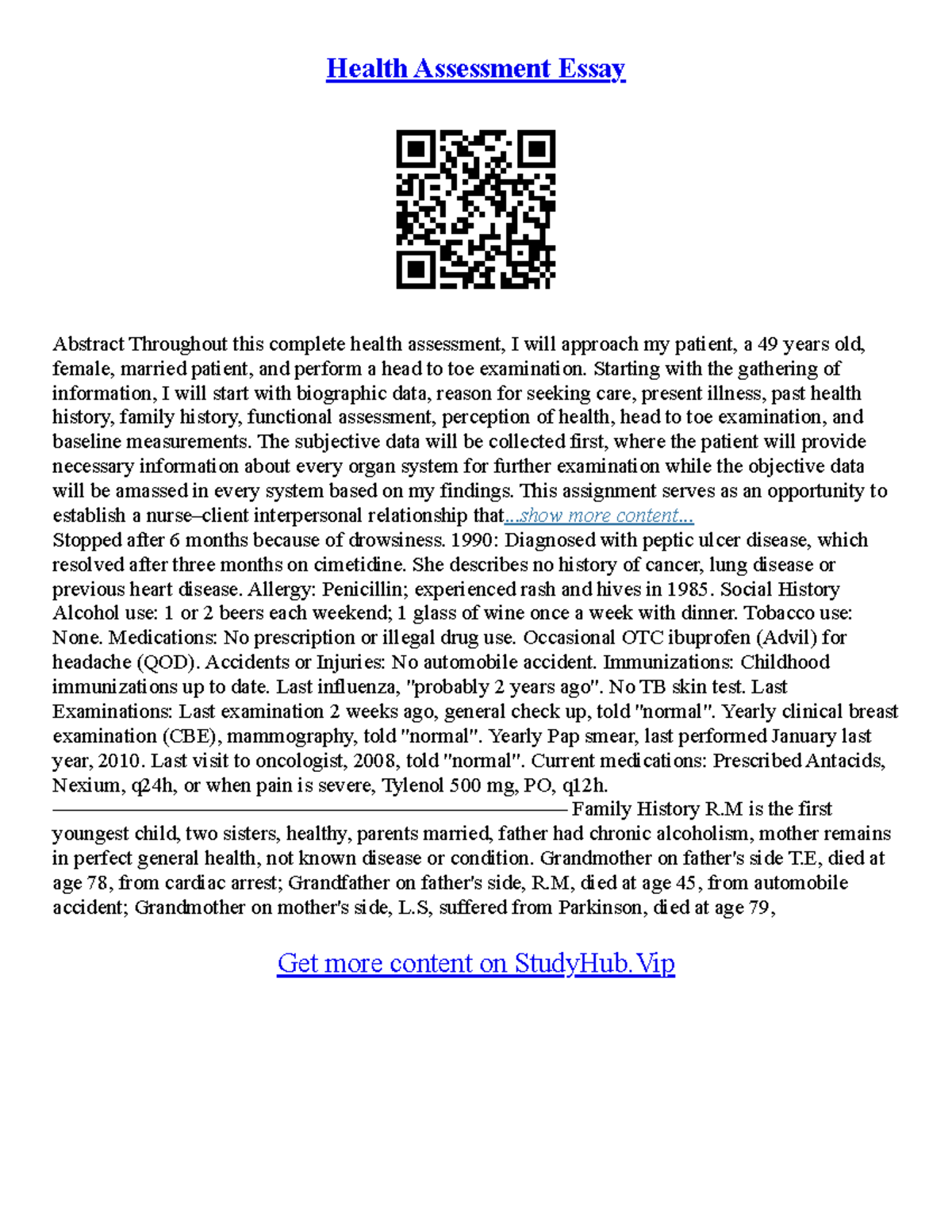 Complete Essay Example - Health Assessment Essay Abstract Throughout ...