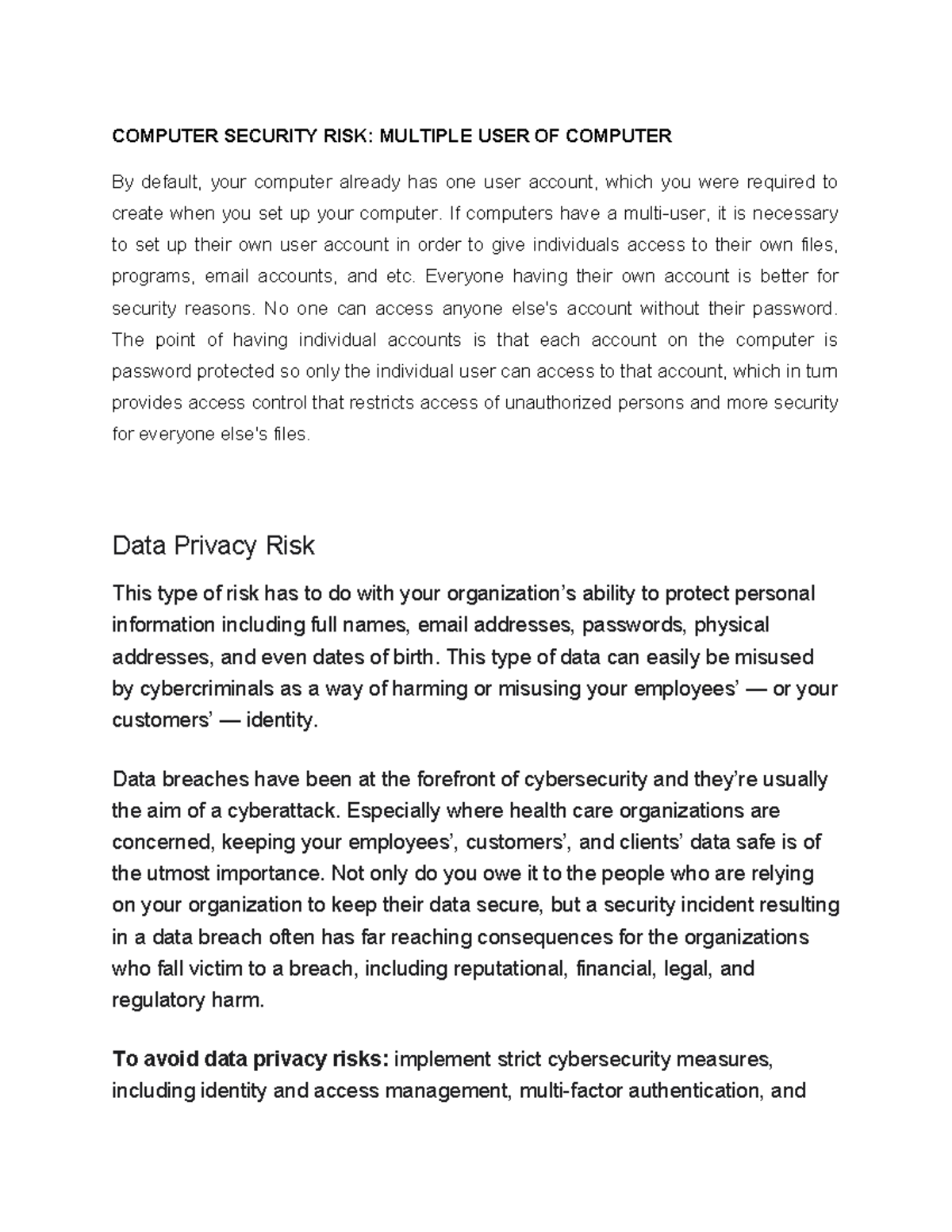 Computer Security RISK - COMPUTER SECURITY RISK: MULTIPLE USER OF ...