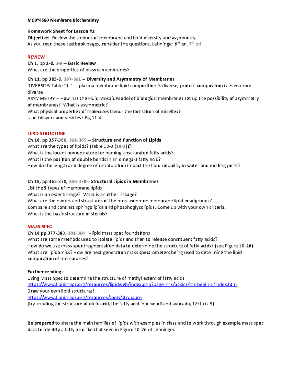 4580 Homework Sheet for lesson #2 - MCB*4580 Membrane Biochemistry ...