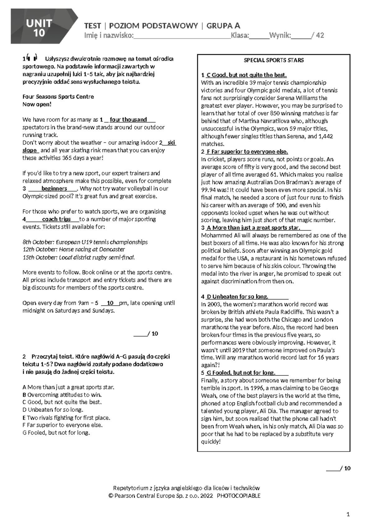 Repet Mat U10 Test Podst A - TEST | POZIOM PODSTAWOWY | GRUPA A Imię i ...