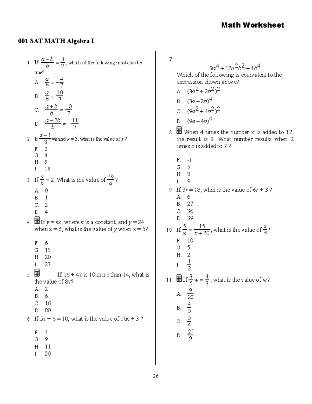 00.1 SAT Math Algebra I v1 - Math Worksheet 26 001 SAT MATH Algebra I 1 ...