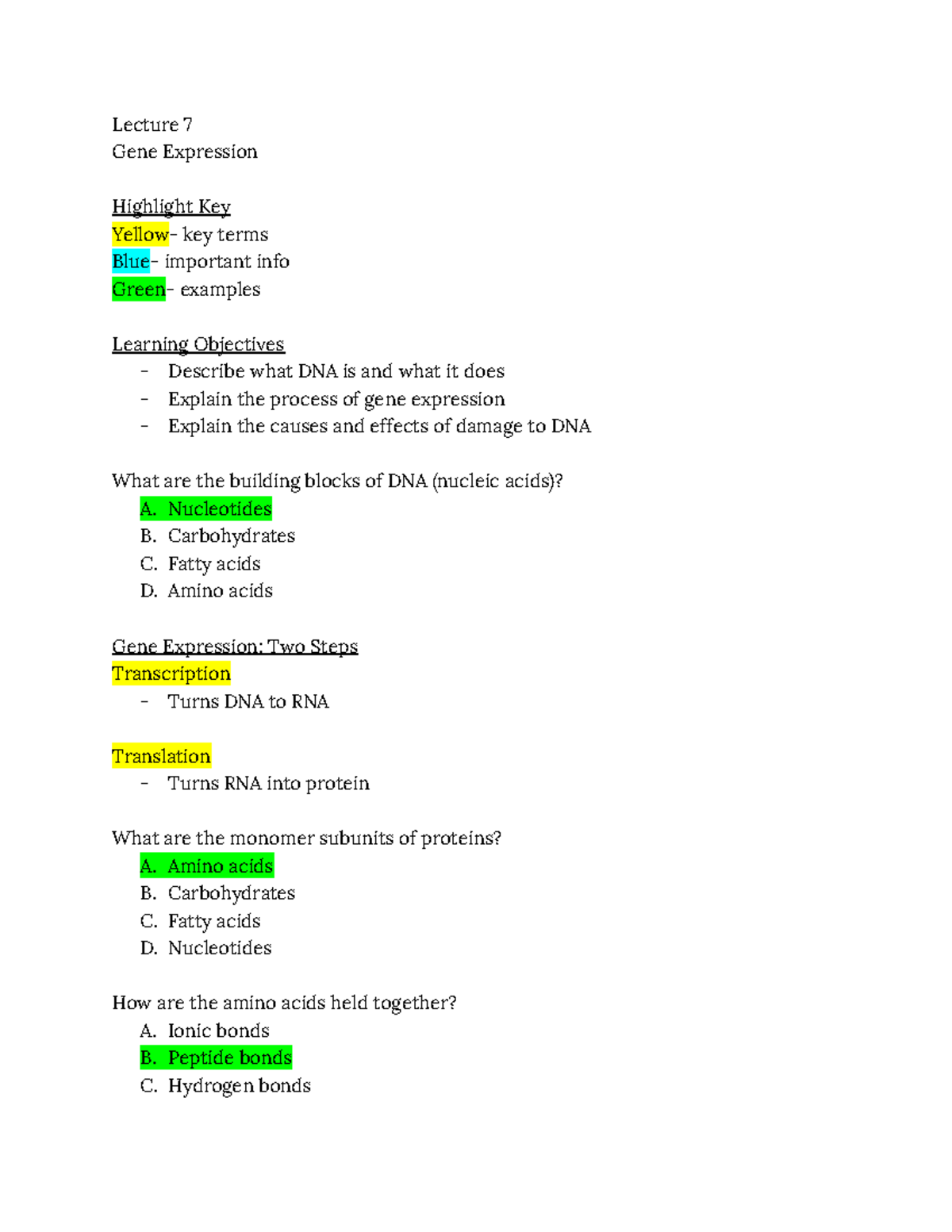 Lecture 7 Gene Expression - Lecture 7 Gene Expression Highlight Key Yellow- key terms Blue ...