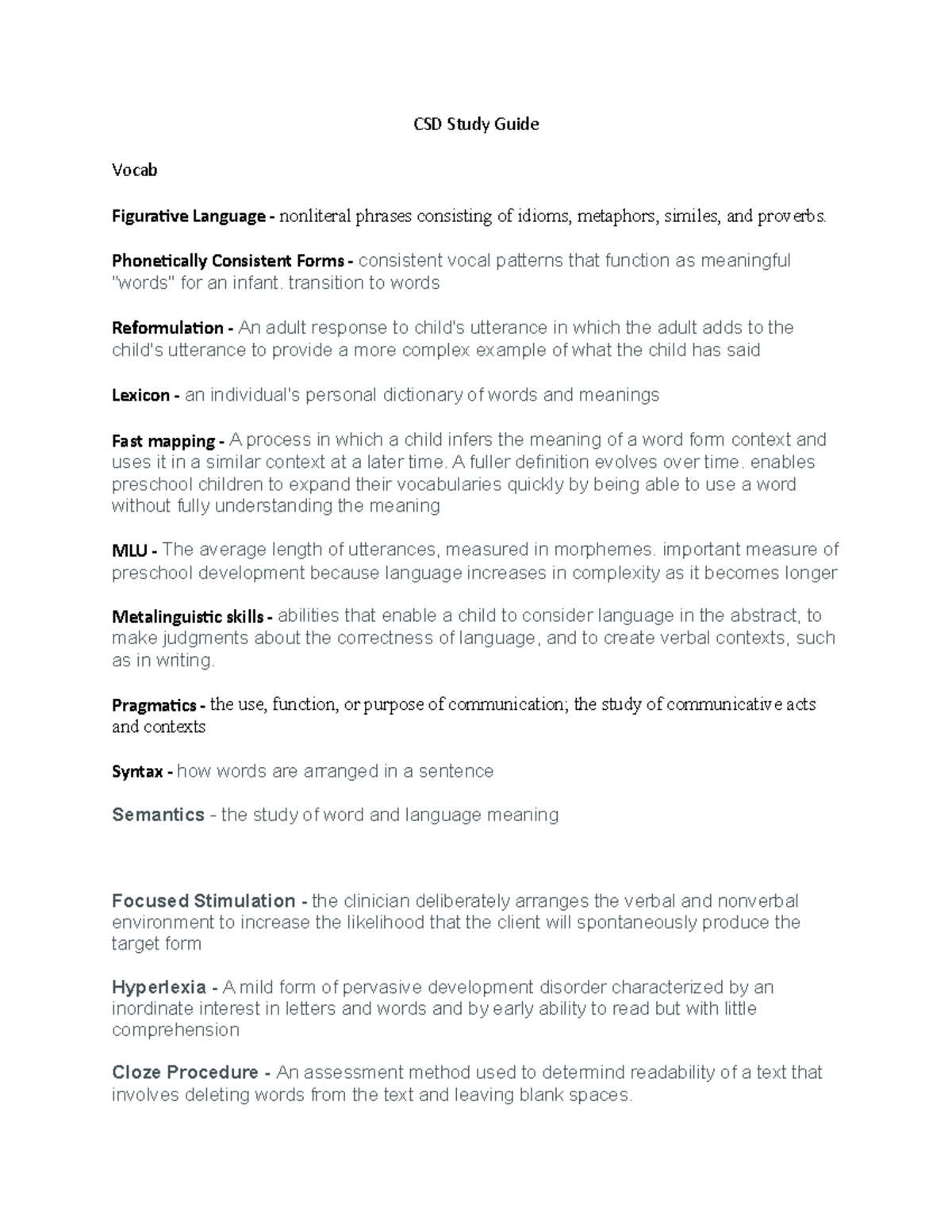 CSD Study Guide Test 2 - These notes are from Professor Stewart's ...