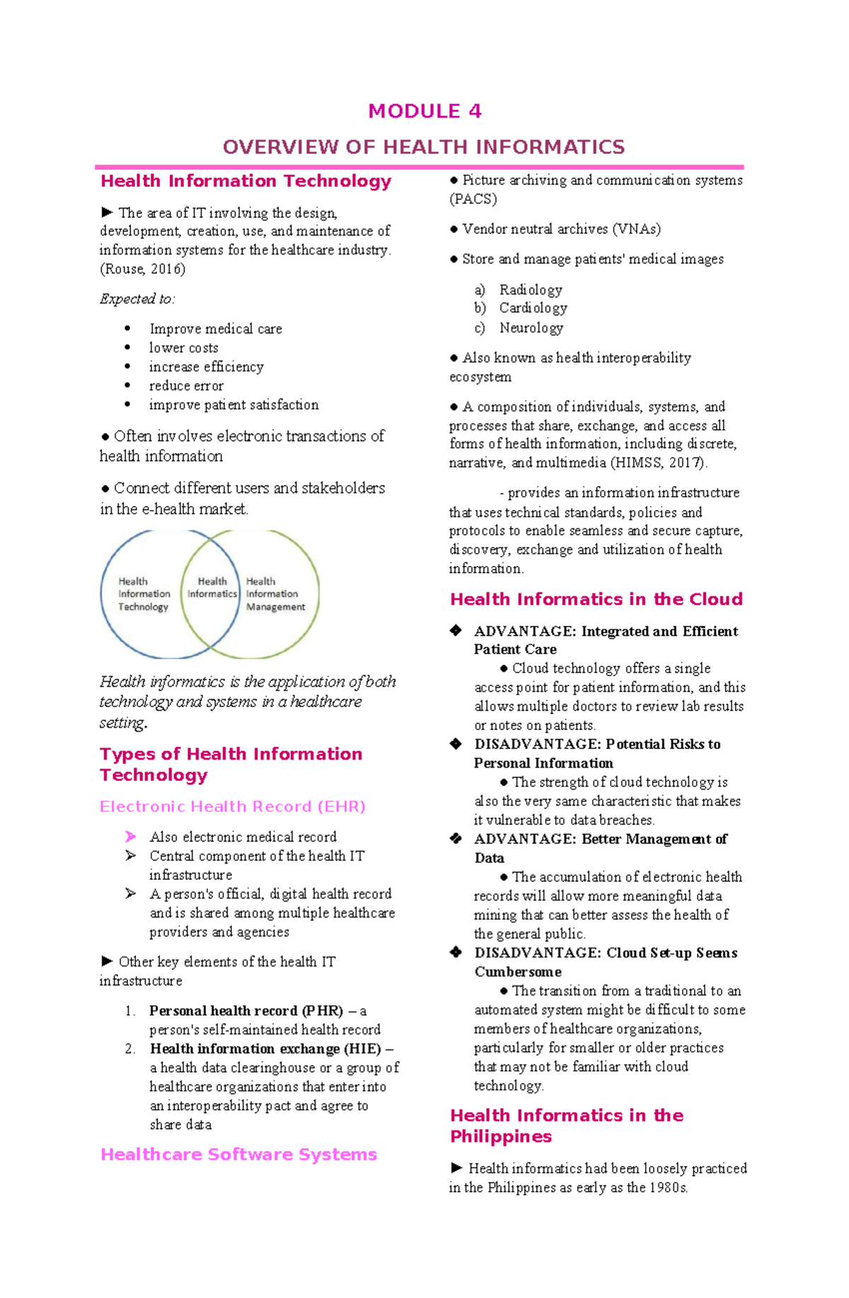 Copy of Module 4 -HIS - NONE - MODULE 4 OVERVIEW OF HEALTH INFORMATICS ...
