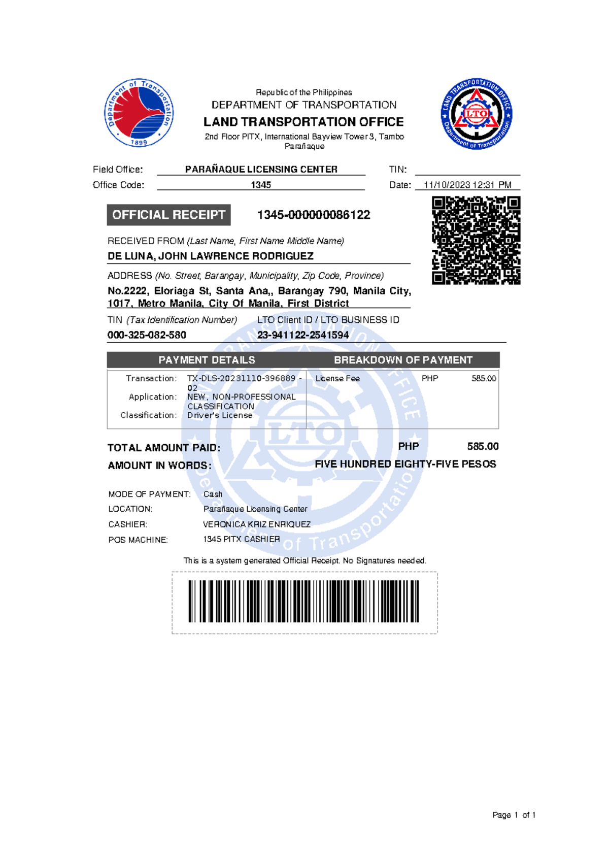 Land Transportation Office Official Receipt - PARAÑAQUE LICENSING ...