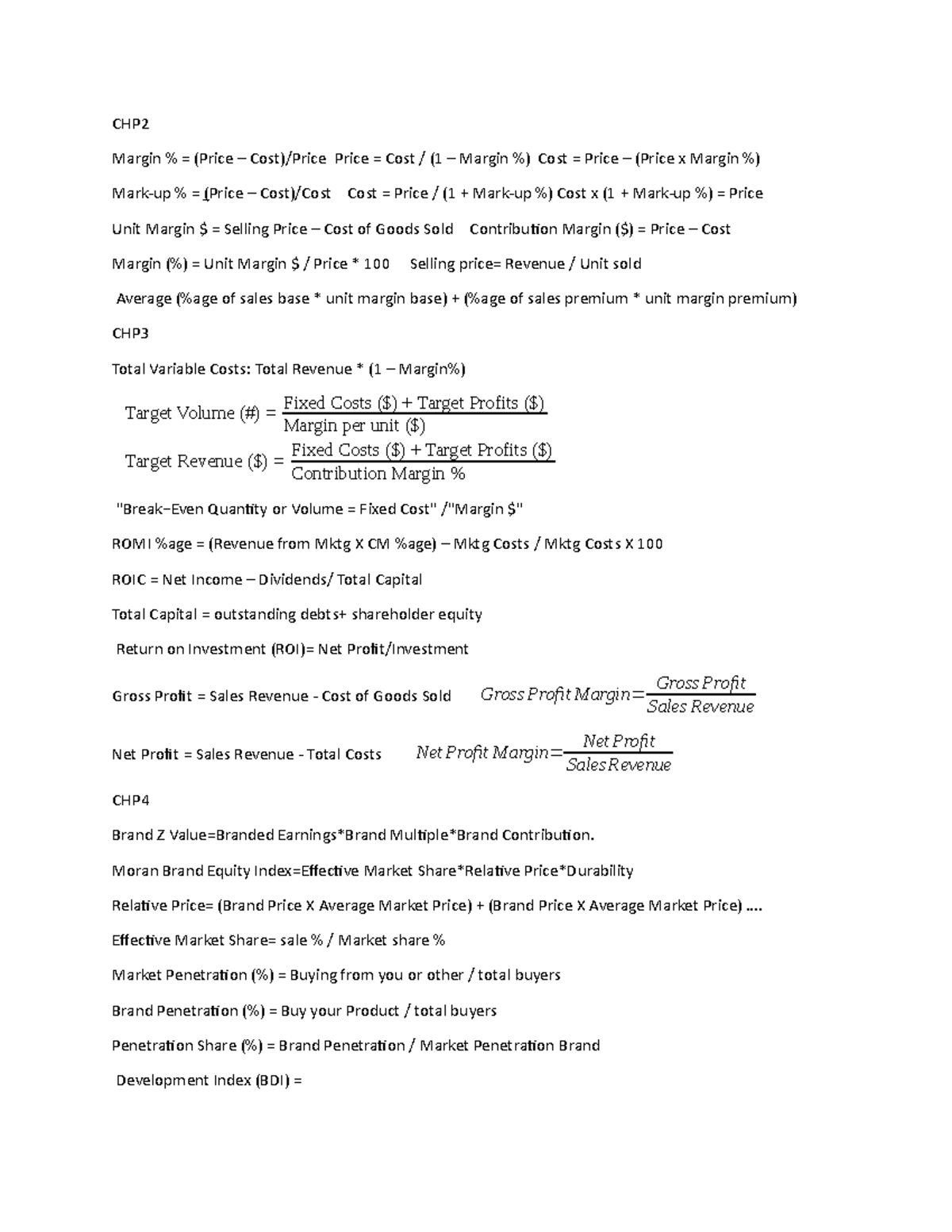 New Microsoft Word Document - CHP Margin % = (Price – Cost)/Price Price = Cost / (1 – Margin ...