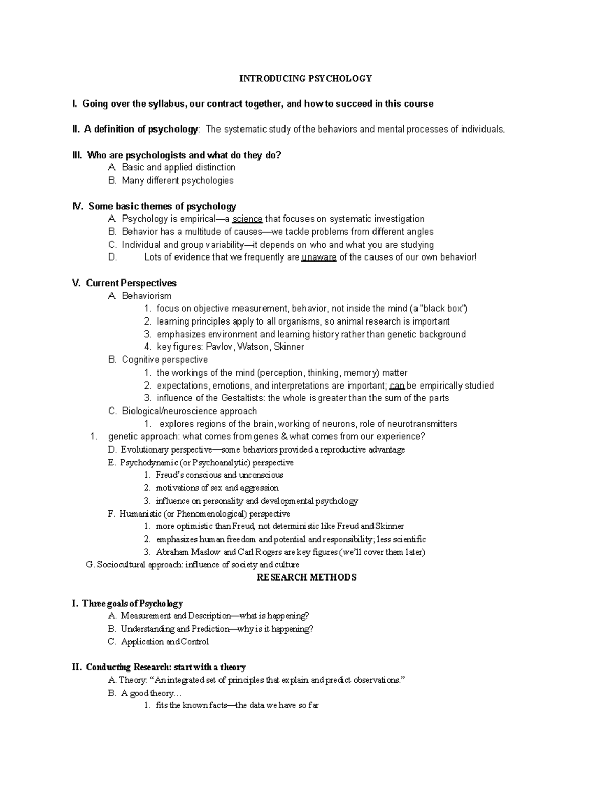 Psych Outline-3 - lecture notes - INTRODUCING PSYCHOLOGY I. Going over ...