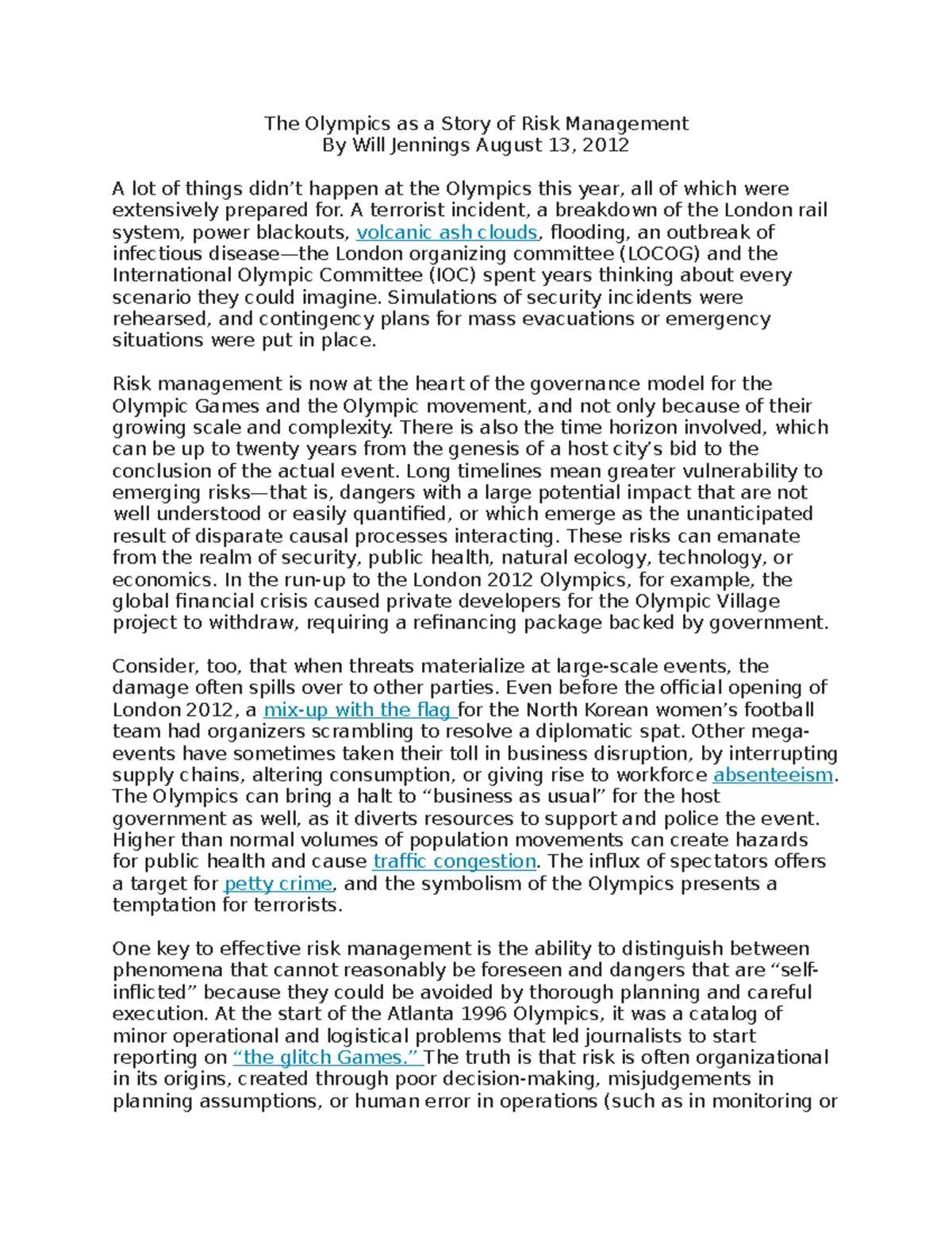 Case Study The Olympics as a Story of Risk Management(1) - The Olympics as a Story of Risk - Studocu