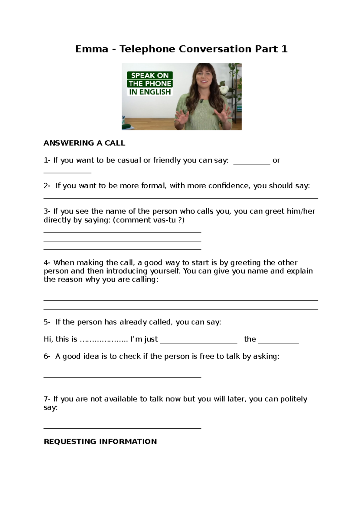 Telephone conversation part 1 - Emma - Telephone Conversation Part 1 ...