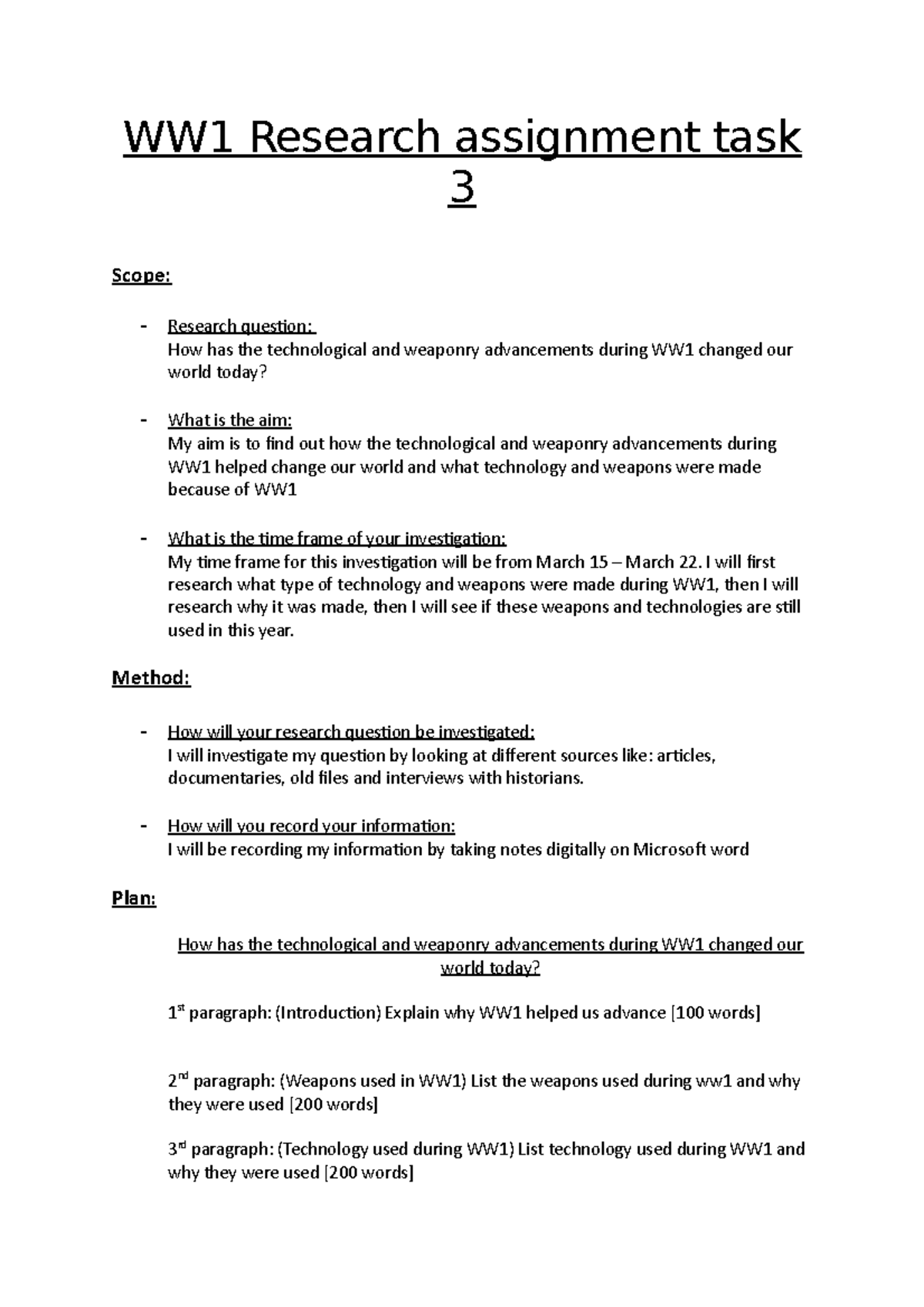 WW1 Research assignment - I will first research what type of technology ...