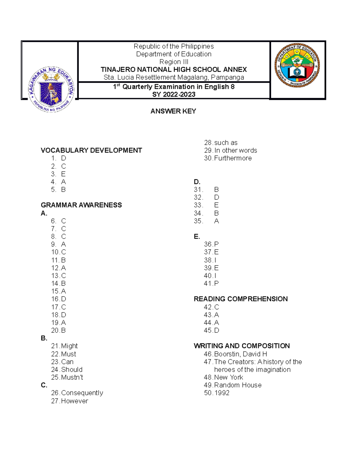 Grade 8 English Q1 Answer KEY - Republic of the Philippines Department ...