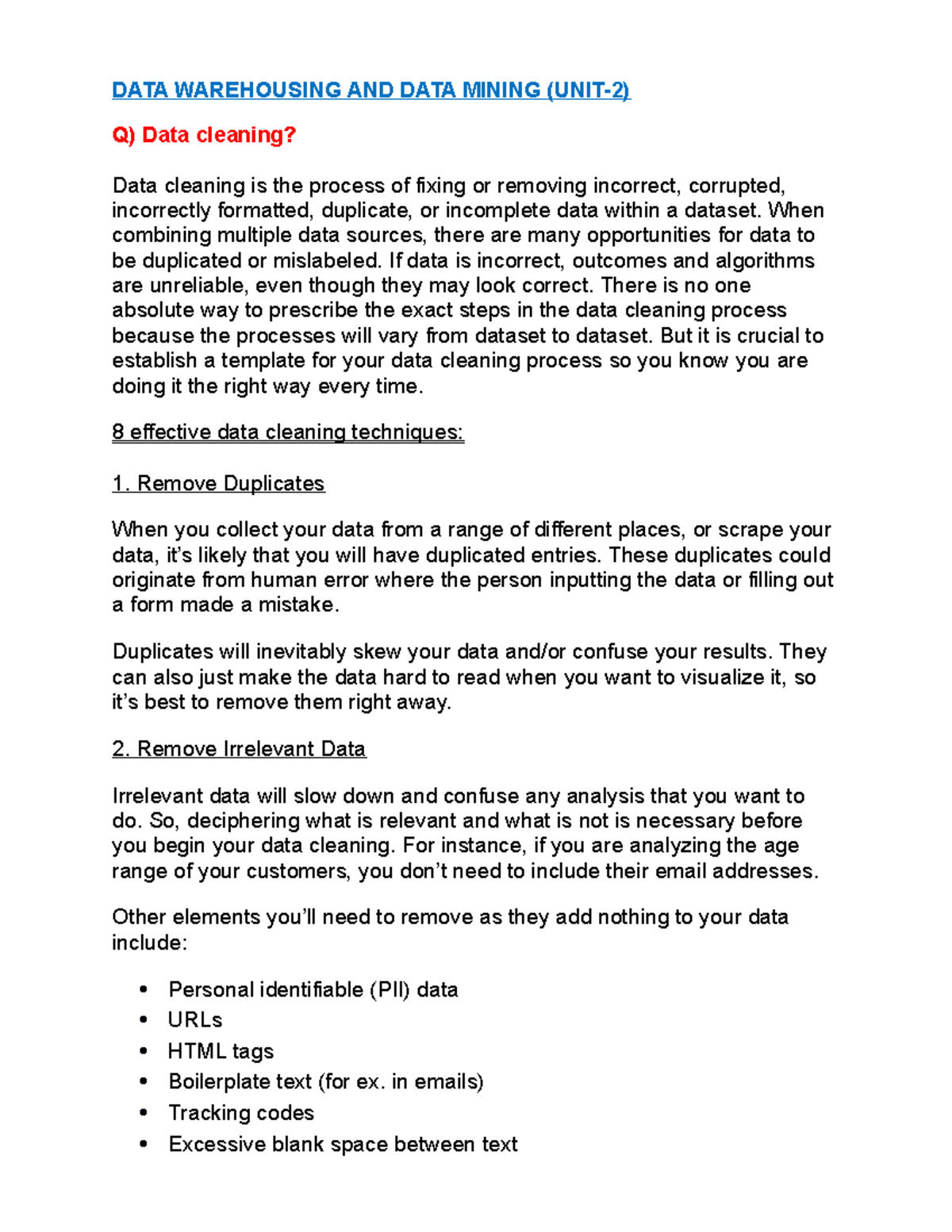 DWDM UNIT 2 Rajesh - DATA WAREHOUSING AND DATA MINING (UNIT-2) Q) Data cleaning? Data cleaning ...