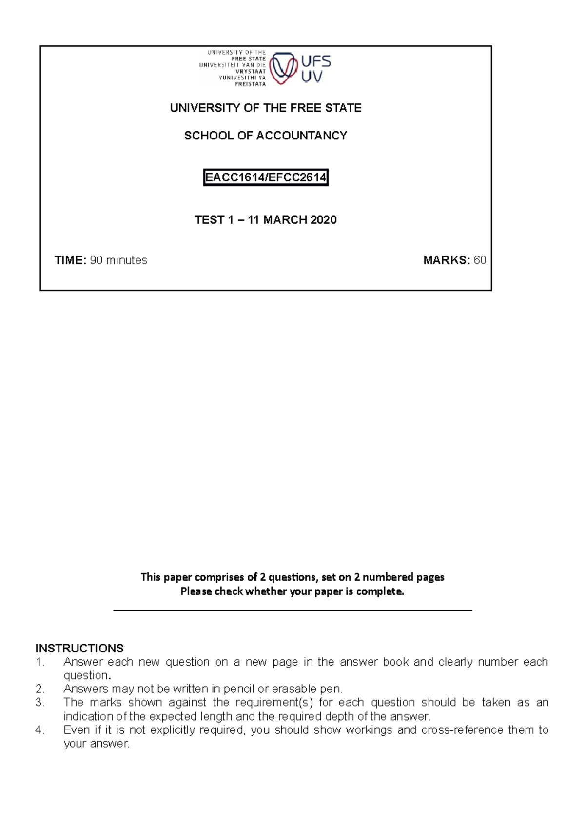 semester test 1 - This paper comprises of 2 questions, set on 2 ...