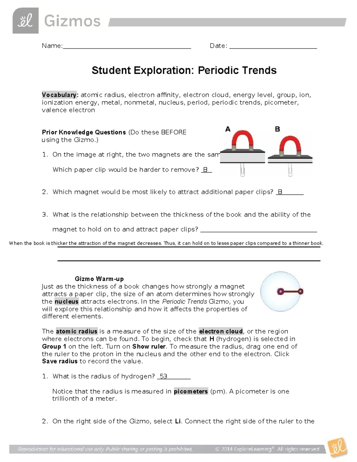 Lab 2 Periodic Trends SE-1 - Name: Date: Student Exploration: Periodic ...