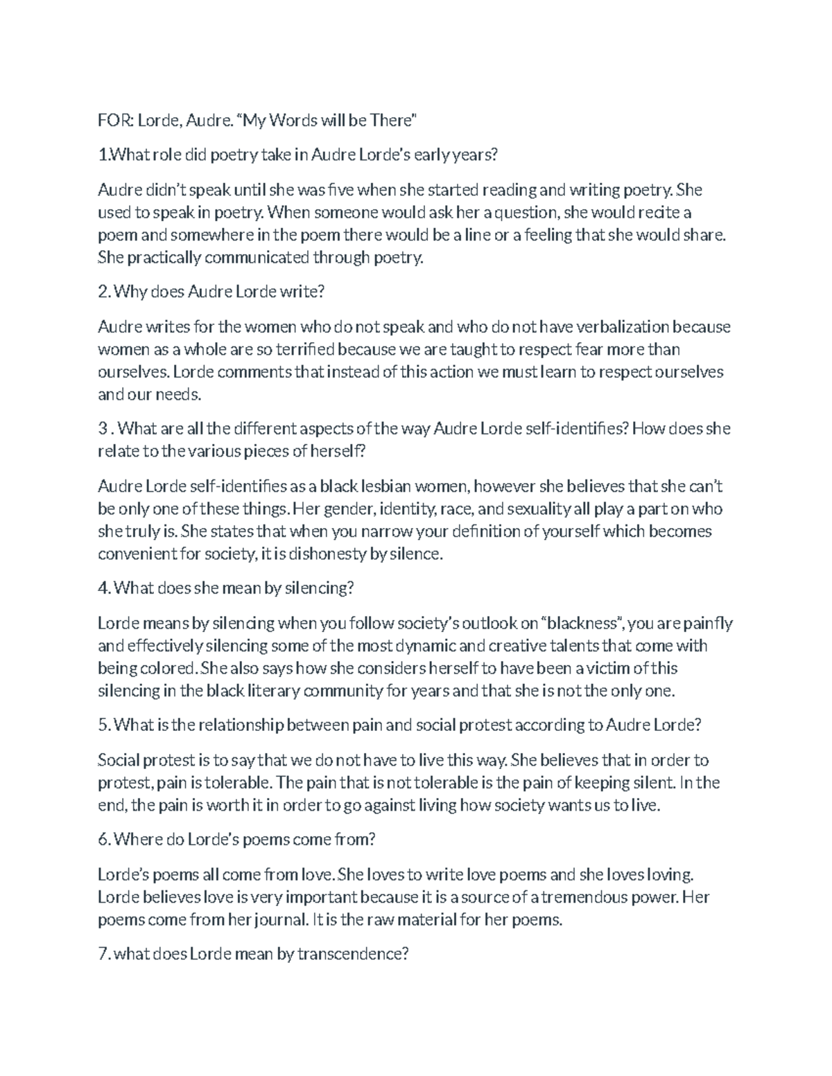 8th reading questions - FOR: Lorde, Audre. “My Words will be There" 1 ...