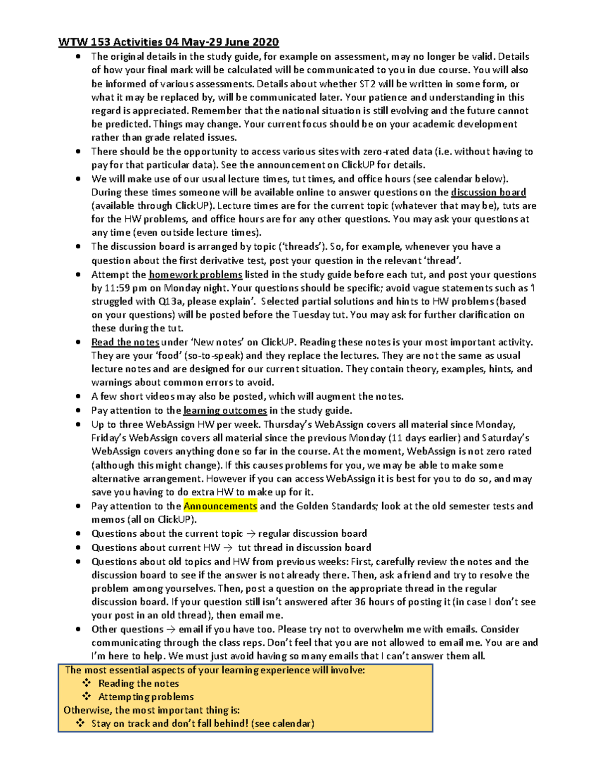 WTW153 general information - WTW 153 Activities 04 May-29 June 2020 The ...