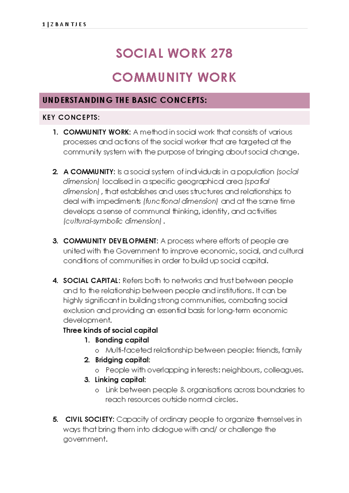 Completed Community WORK Notes - SOCIAL WORK 278 COMMUNITY WORK ...